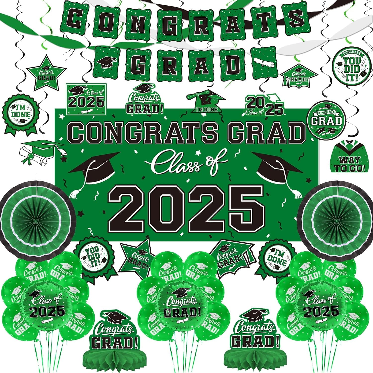 Green Themed 2025 Graduation Decorations Set, Congrats Grad Banner ...