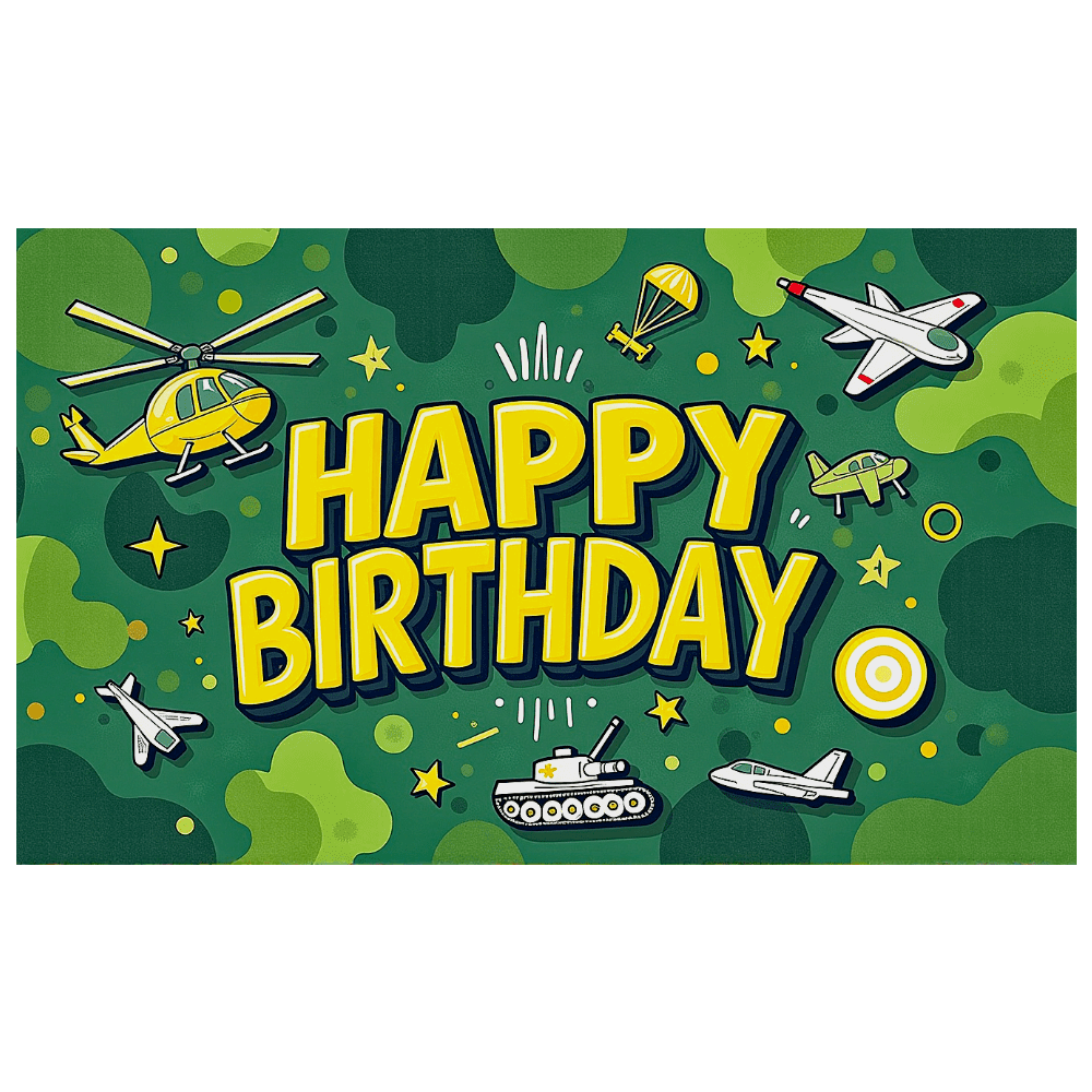 Green Themed Birthday Banner with Airplane Helicopter Tank Decors Happy ...