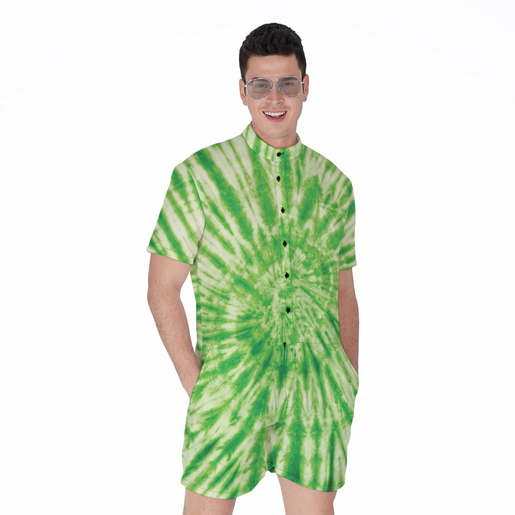 Green Tie Dye Short Sleeve Men'S Rompers, Tie Dye Pattern Casual Summer ...