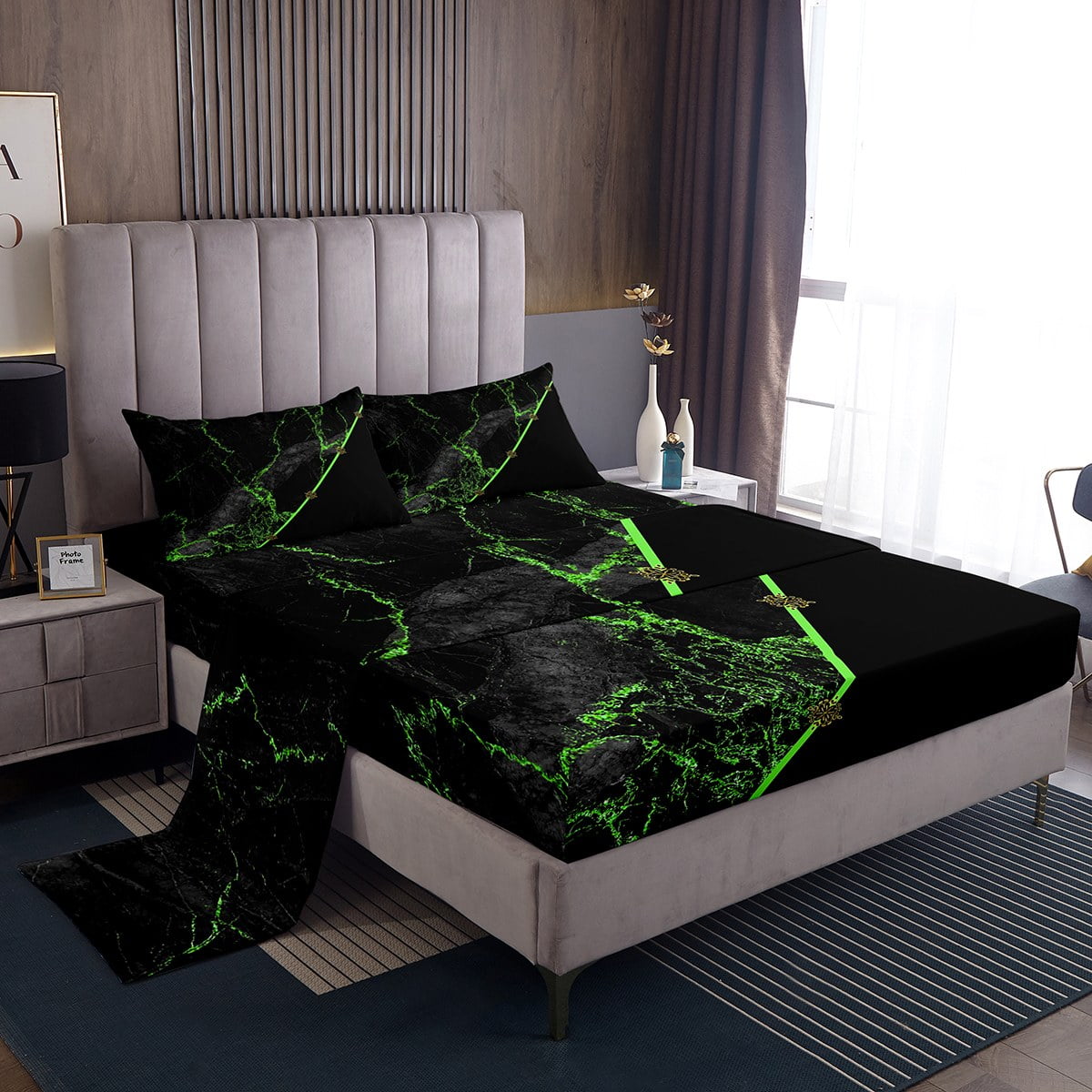 Green Tie Dye Twin Sheets Black Grey Gradient Ombre Bed Set, Watercolor ...