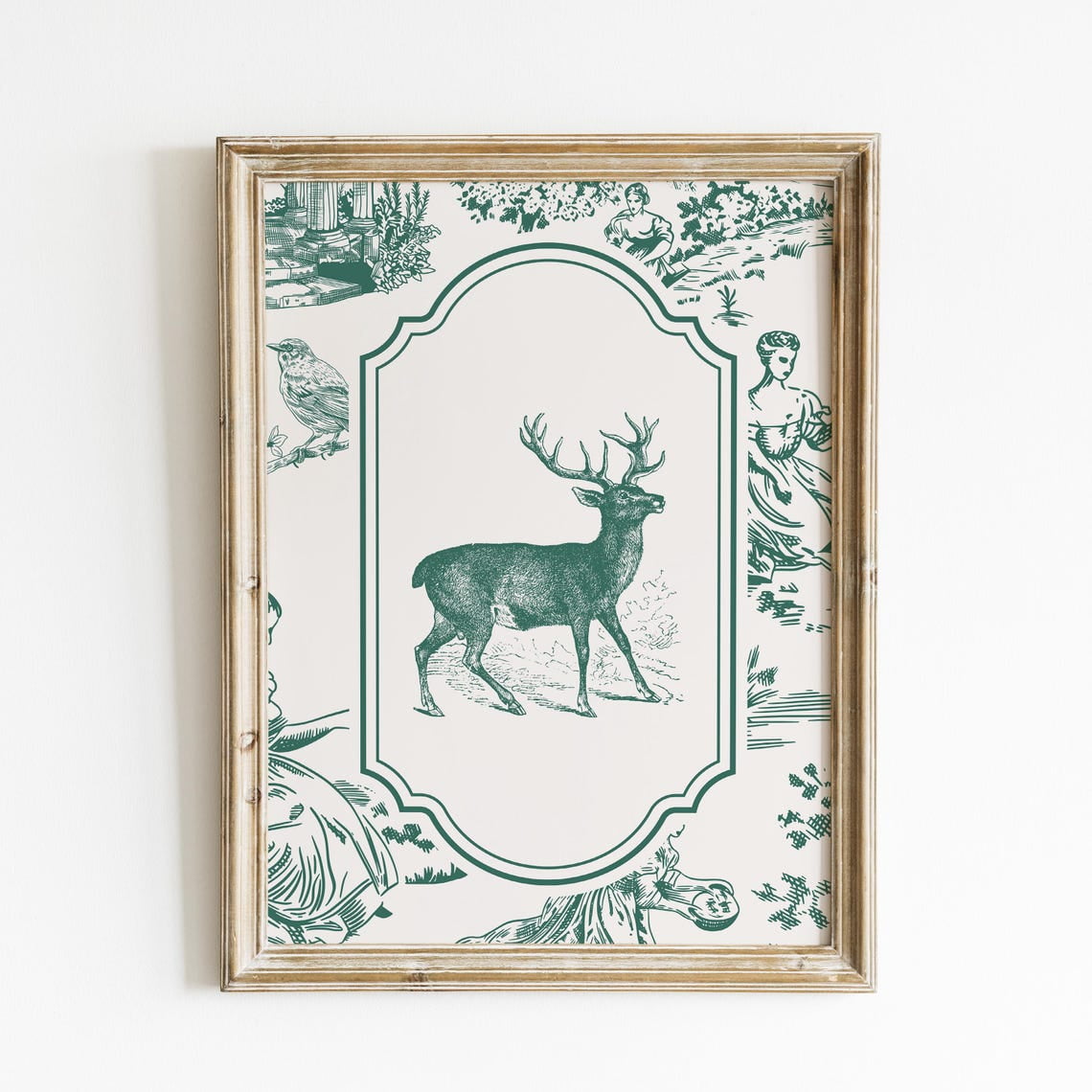 Green Toile Deer Wall Art Print, Rustic Woodland Farmhouse Decor ...
