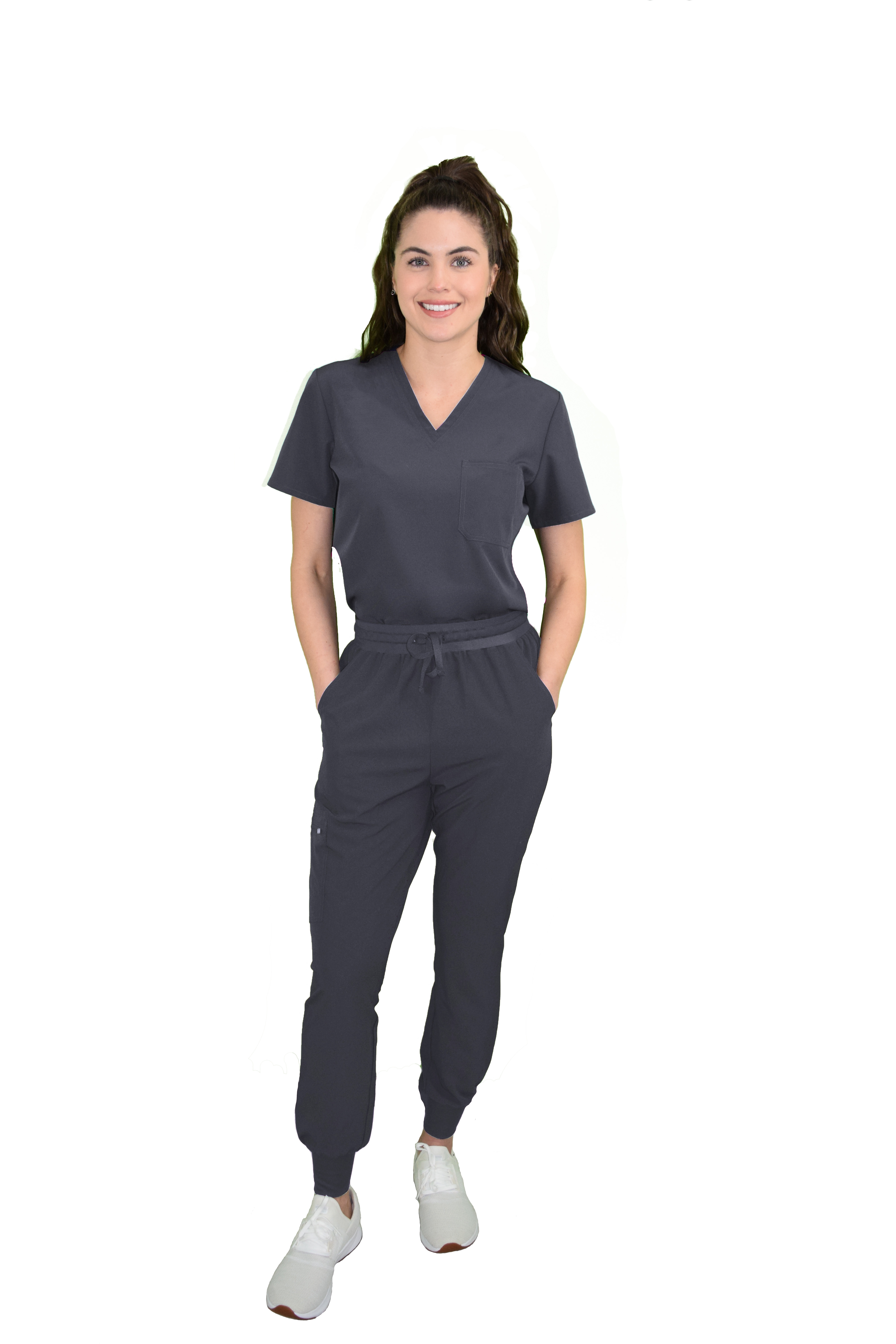 Medgear 12-Pocket Women's Scrub Set with Silver Snap Detail & Contrast ...