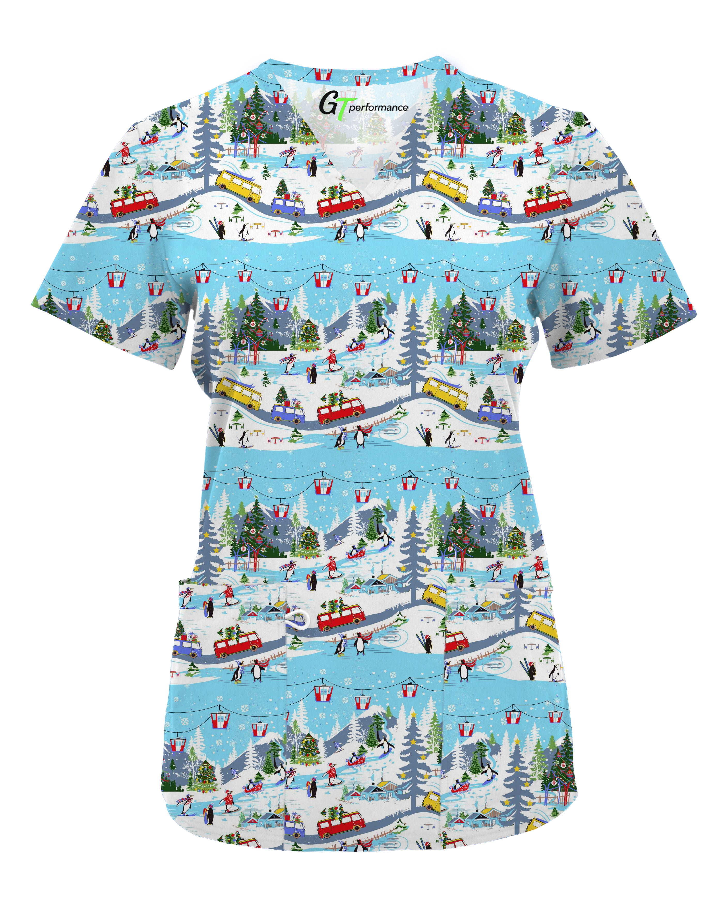Green Town Scrubs for Women V-Neck Scrub Top - Christmas Thanksgiving ...