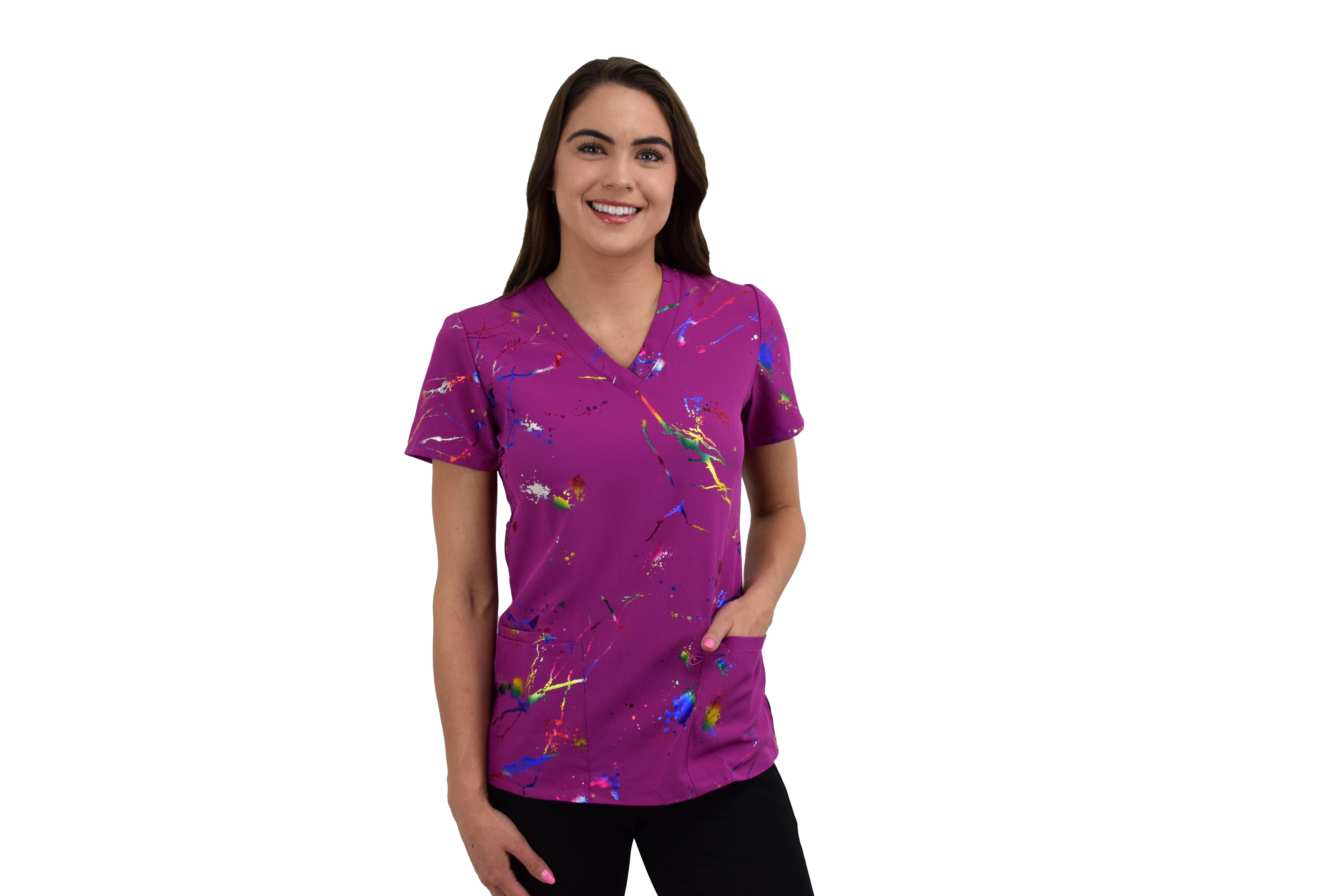 Green Town Women's Medical Nurse Scrubs - V-Neck Foil Printed Top with ...