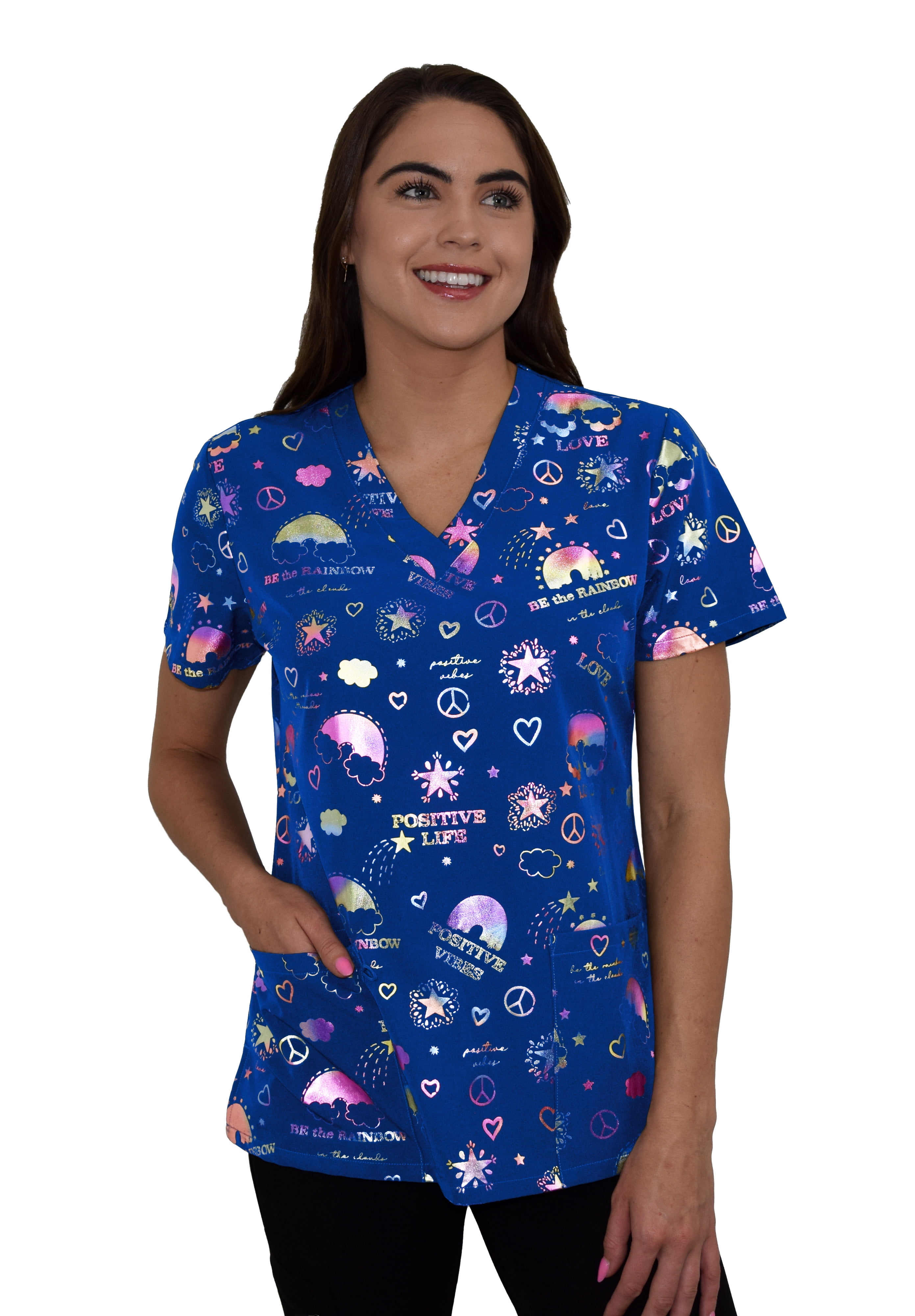 Green Town Scrubs for Women V-Neck Scrub Top - Foil Prints, 3 Pockets ...
