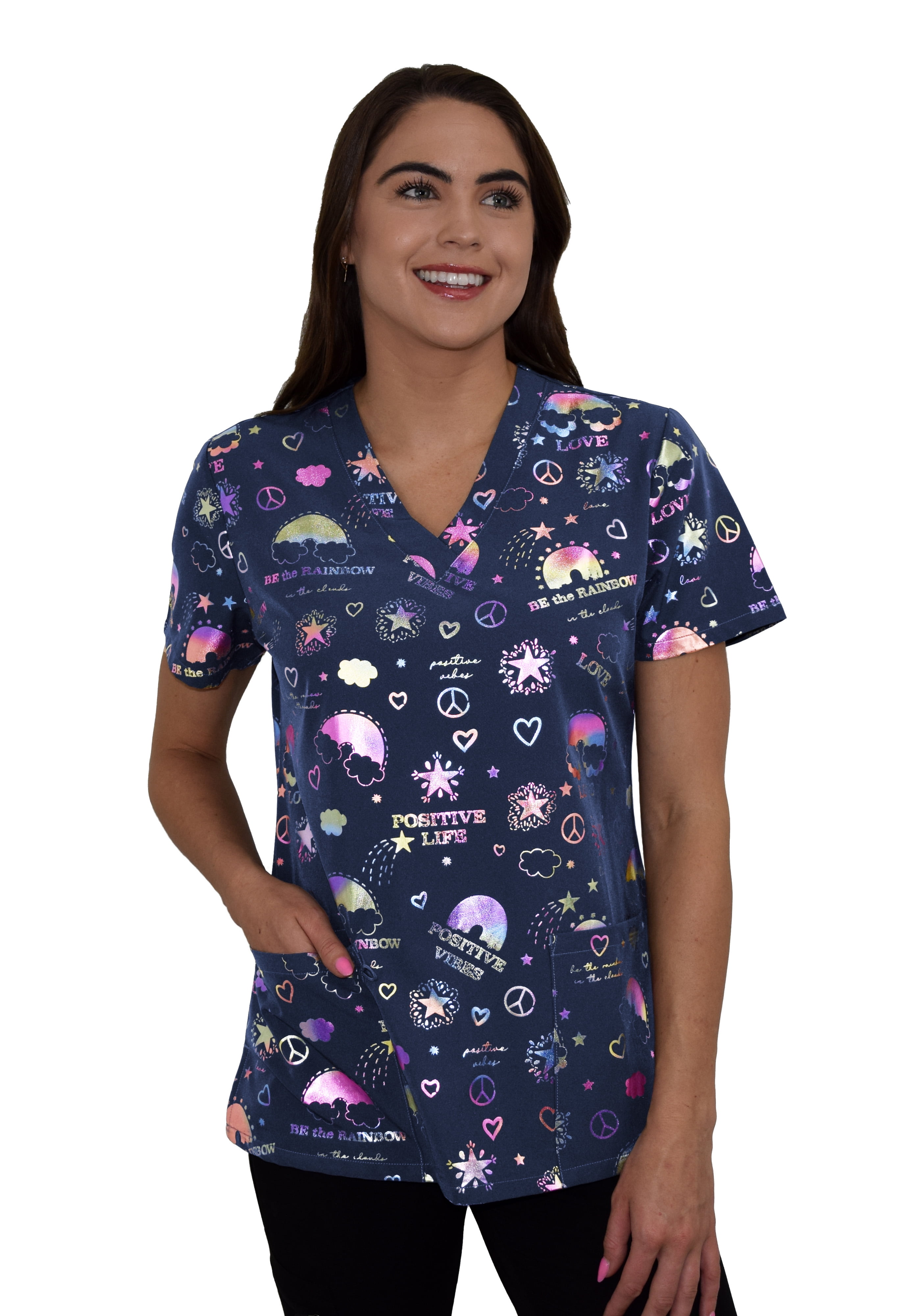 Green Town Scrubs for Women V-Neck Scrub Top - Foil Prints, 3 Pockets ...