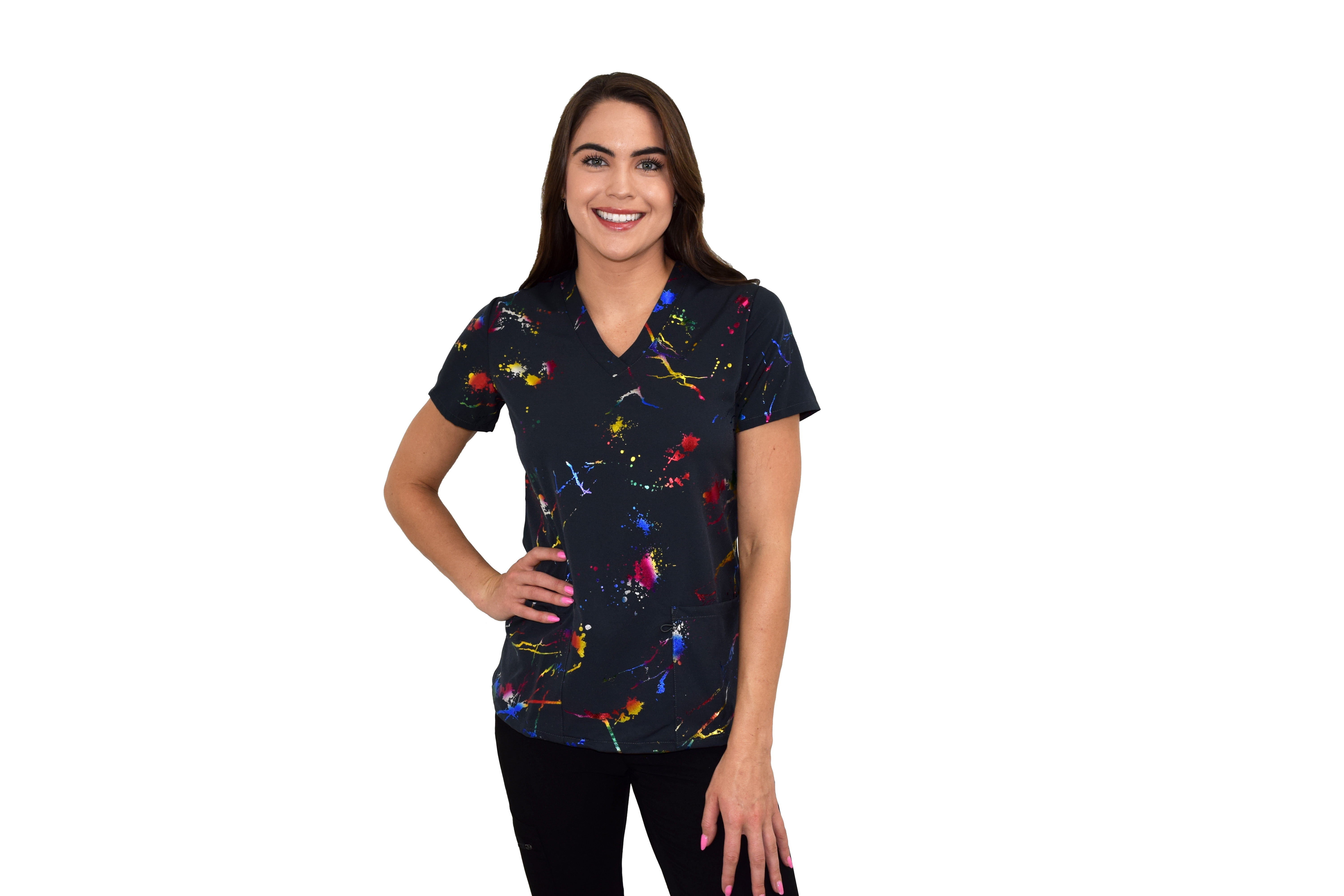 Green Town Scrubs for Women V-Neck Scrub Top - Foil Prints, 3 Pockets ...