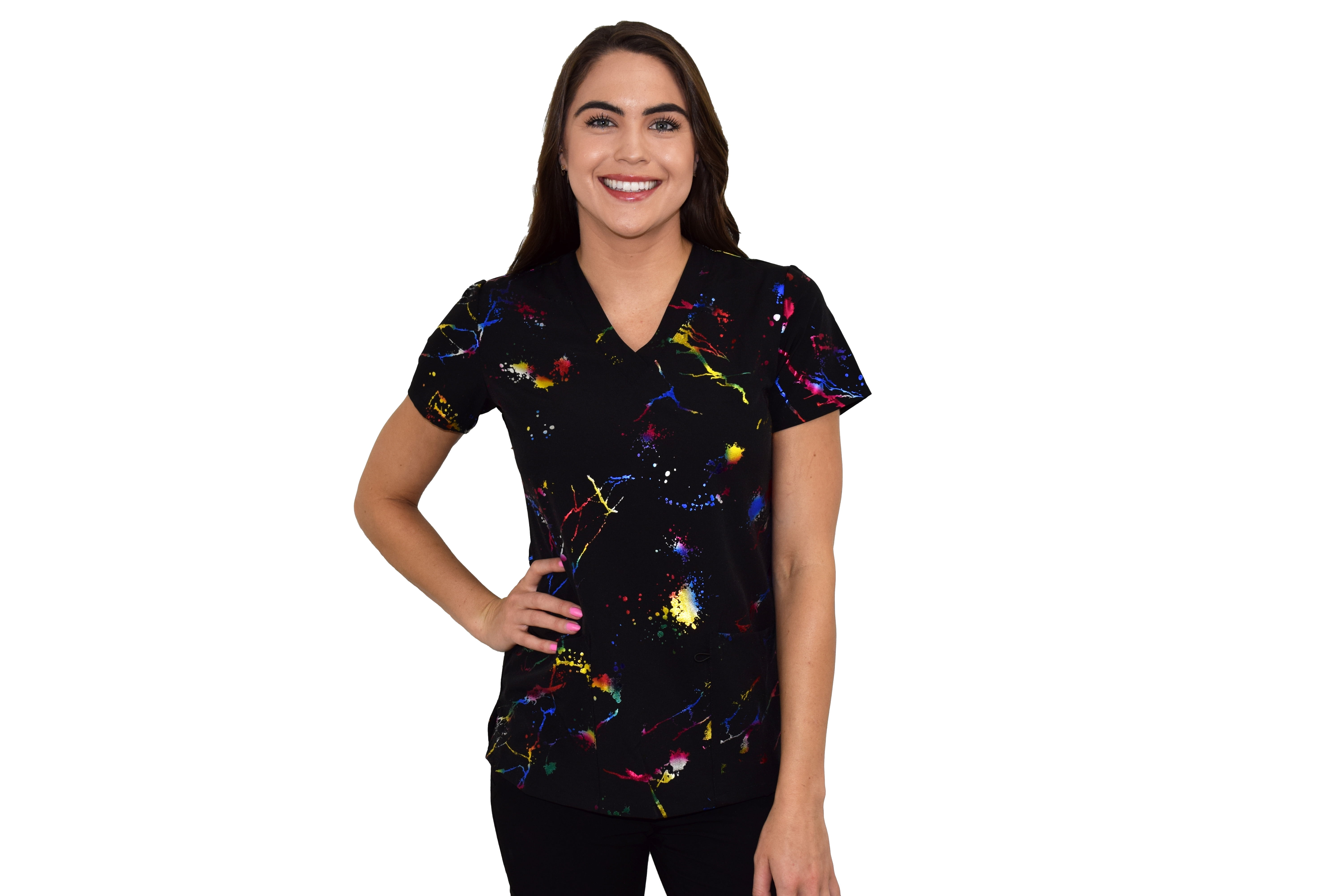 Green Town Scrubs for Women V-Neck Scrub Top - Foil Prints, 3 Pockets ...