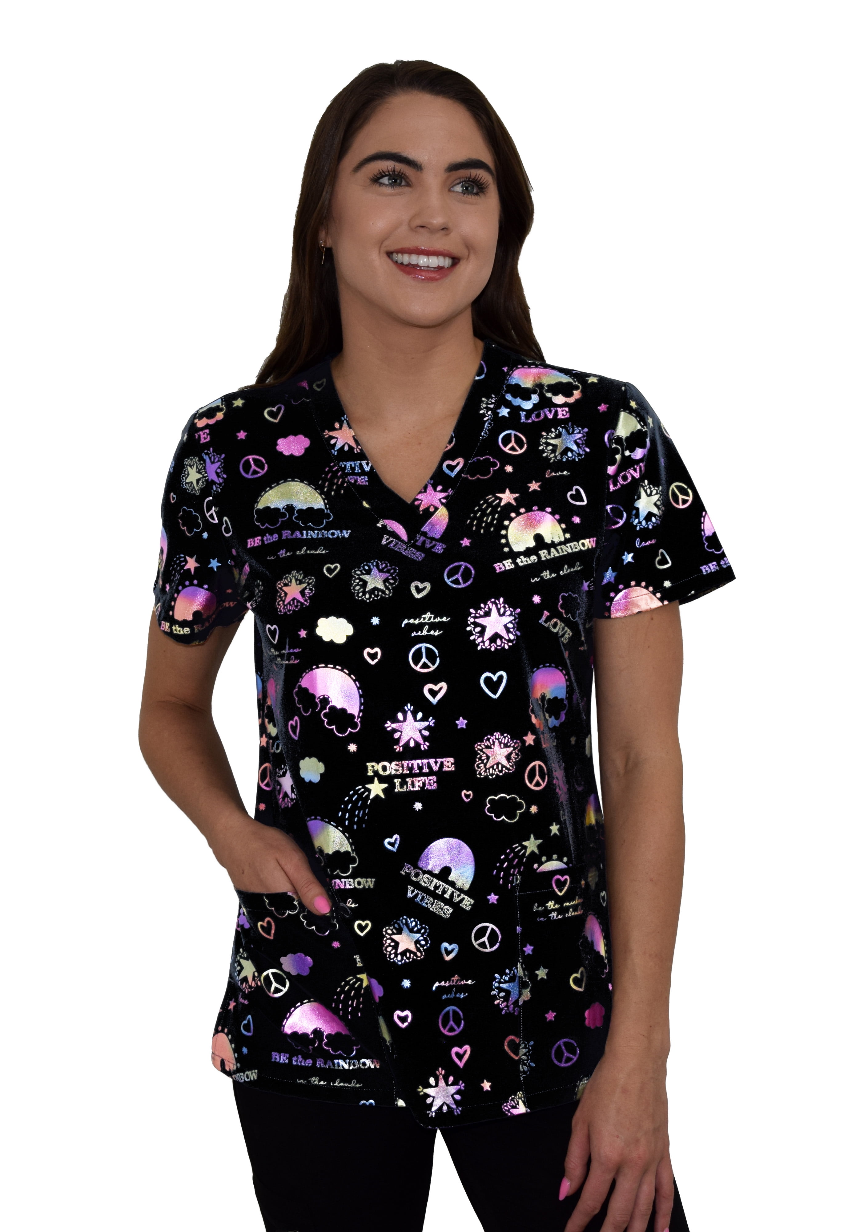 Green Town Scrubs for Women V-Neck Scrub Top - Foil Prints, 3 Pockets ...