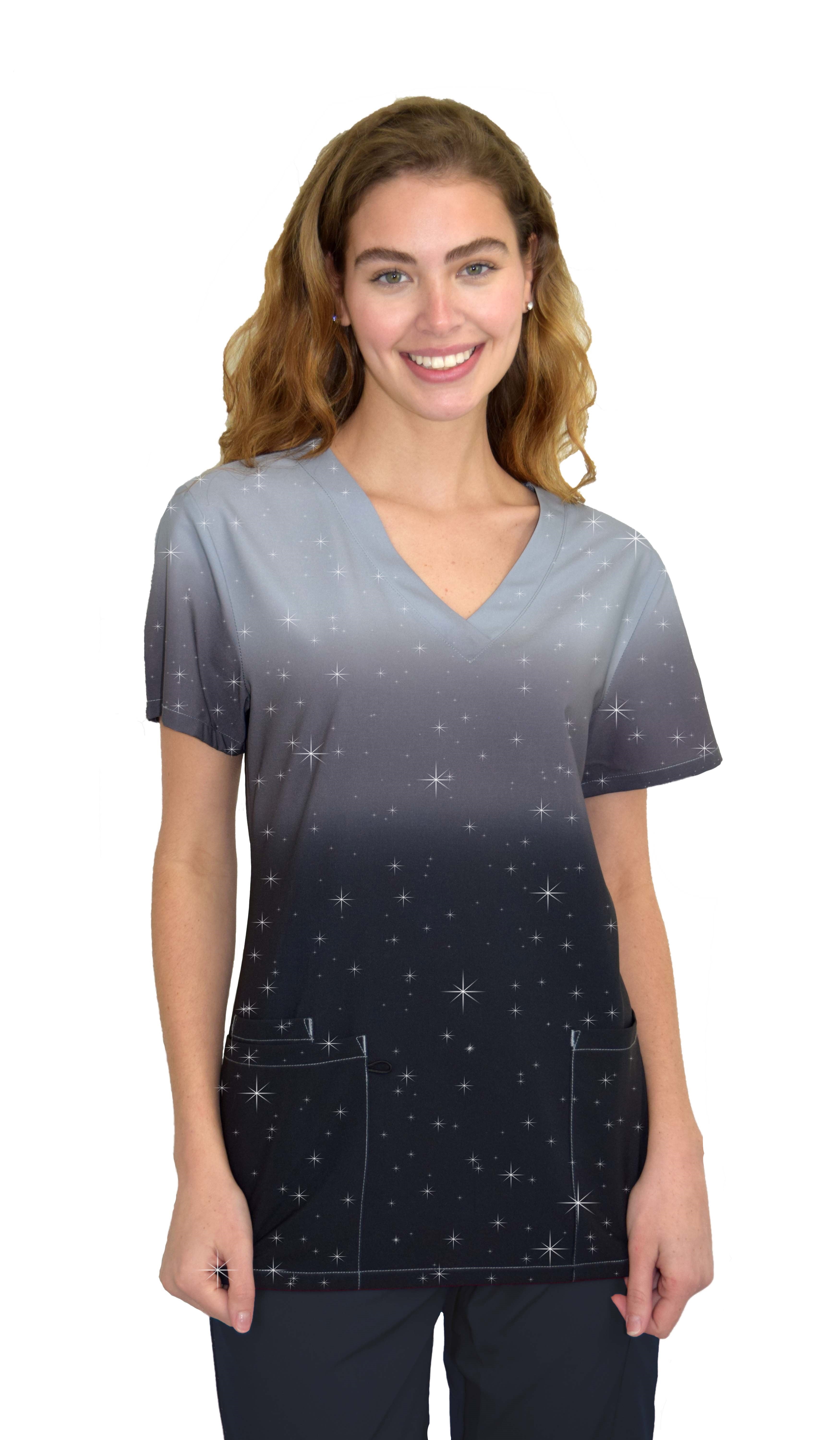 Green Town Scrubs for Women V-Neck Scrub Top - Ombre Prints, 3 Pockets ...