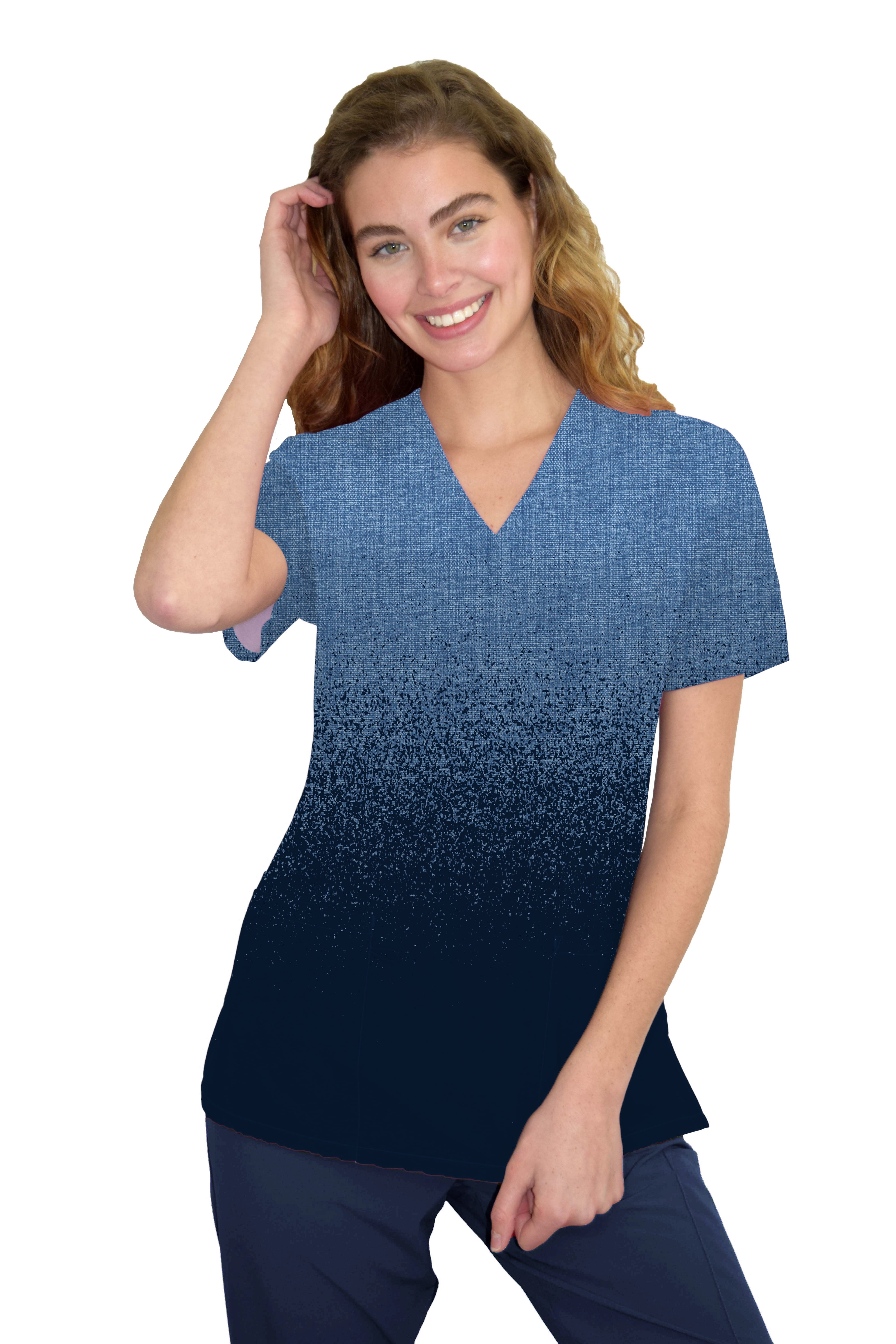 Green Town Scrubs for Women V-Neck Scrub Top - Ombre Prints, 3 Pockets ...