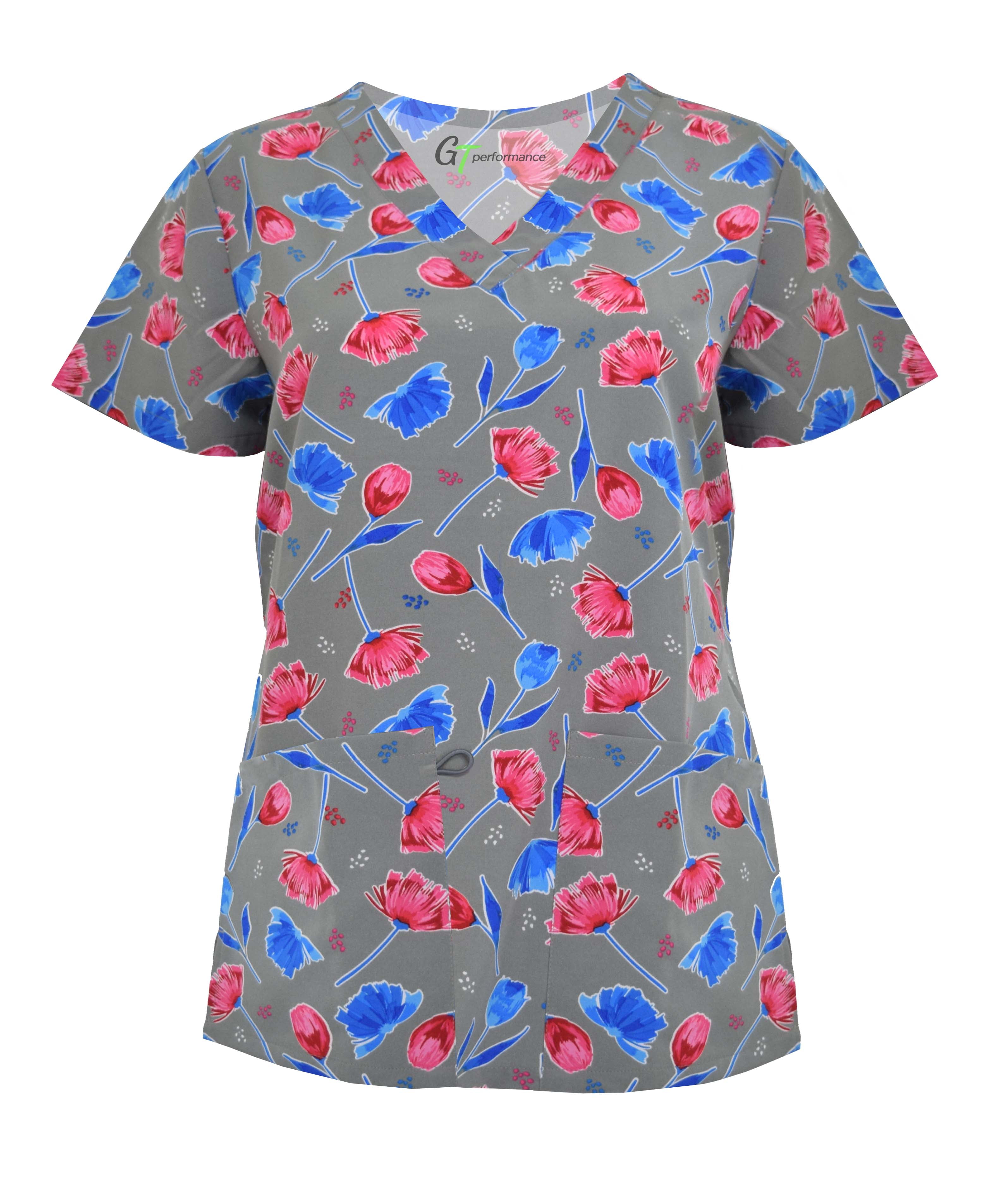 Green Town Scrubs for Women V-Neck Scrub Top - Print Tops, 3 Pockets ...