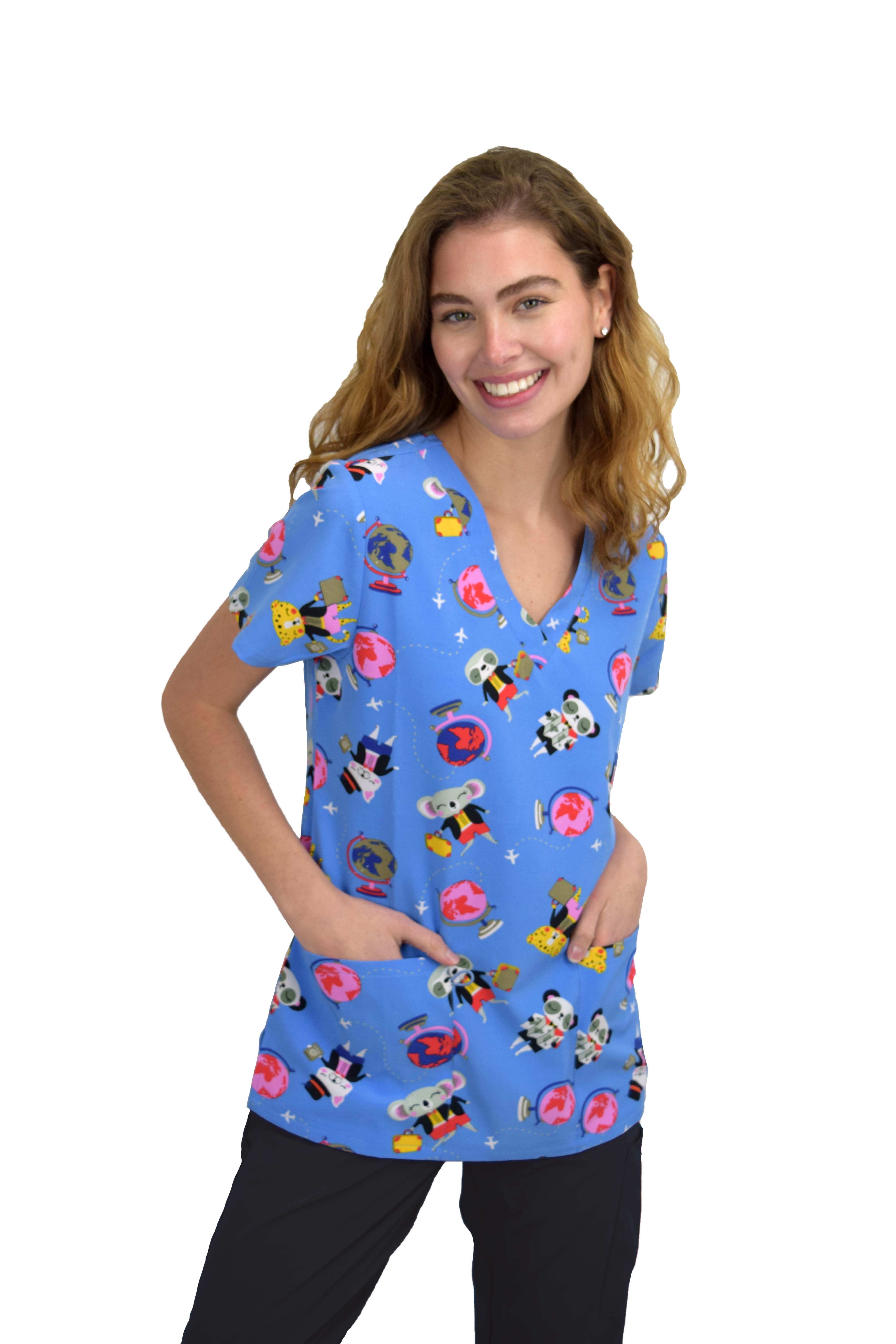 Green Town Scrubs for Women V-Neck Scrub Top - Print Tops, 3 Pockets ...