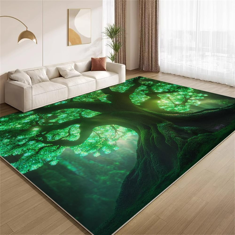 Green Tree Area Rug, Fantasy Big Tree Print, Magic Forest Green Carpet ...