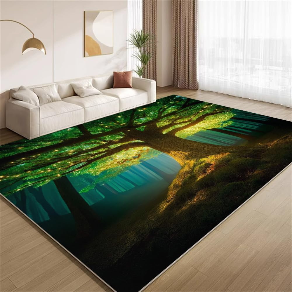 Green Tree Area Rug, Glowing Big Tree Green Carpet, Fantasy Forest ...