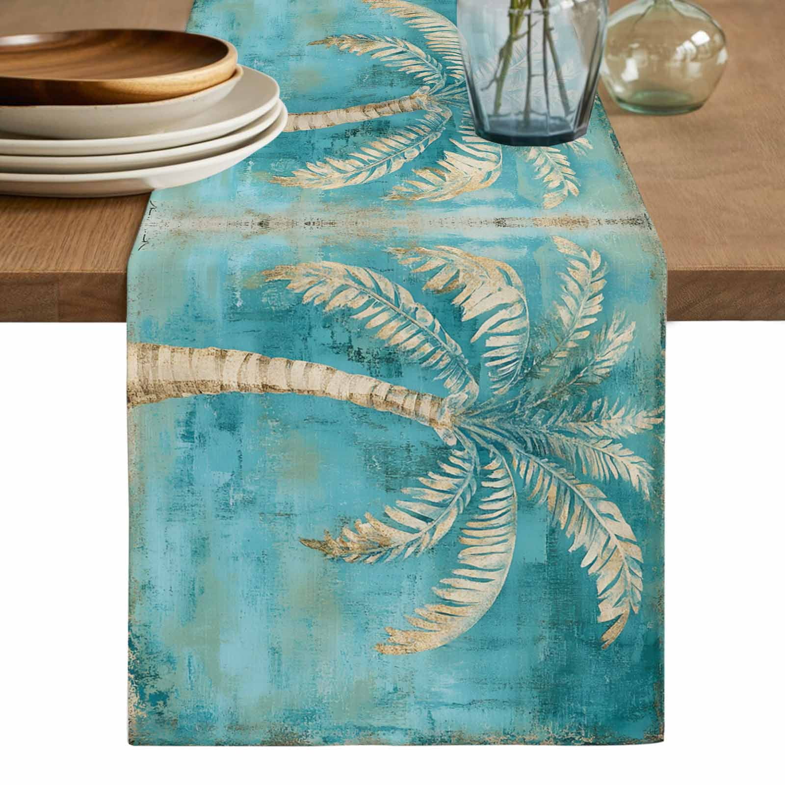 Green Tree Coastal Beach Table Runner, Vintage Tropical Plant Washable ...