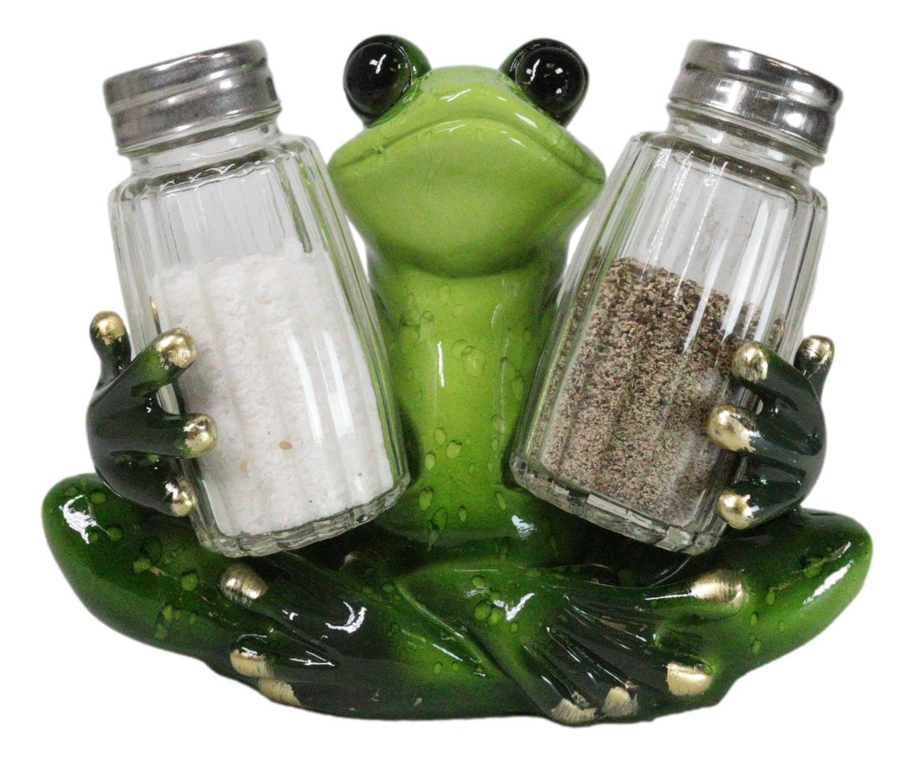 Green Tree Frog Toad Meditating Glass Salt Pepper Shakers Holder ...