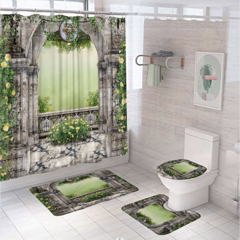Green Tree Plant Leaves Shower Curtain Set Outside Scenery Garden ...