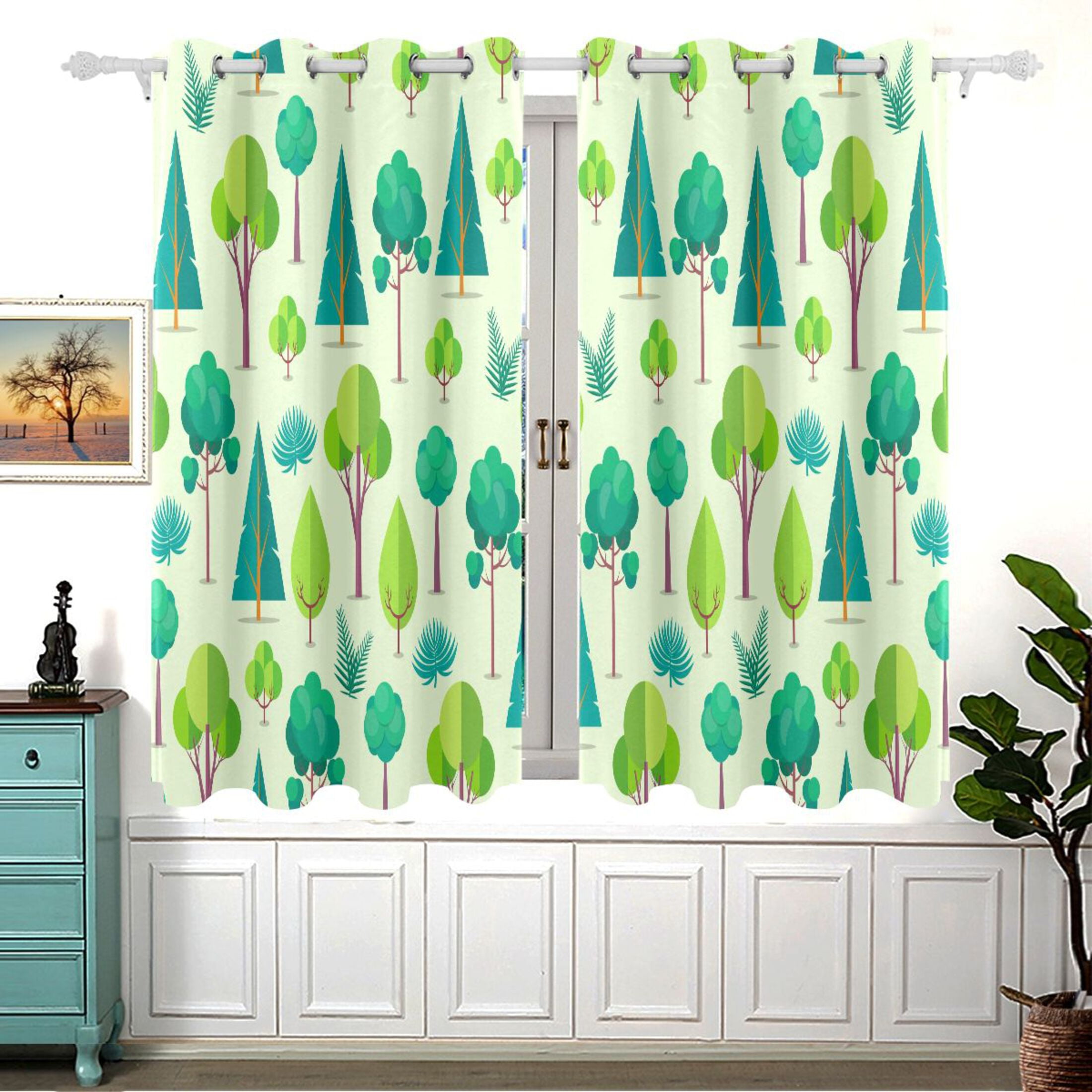 Green Trees Blackout Curtains Window Grommet Insulated Curtain Bedroom ...