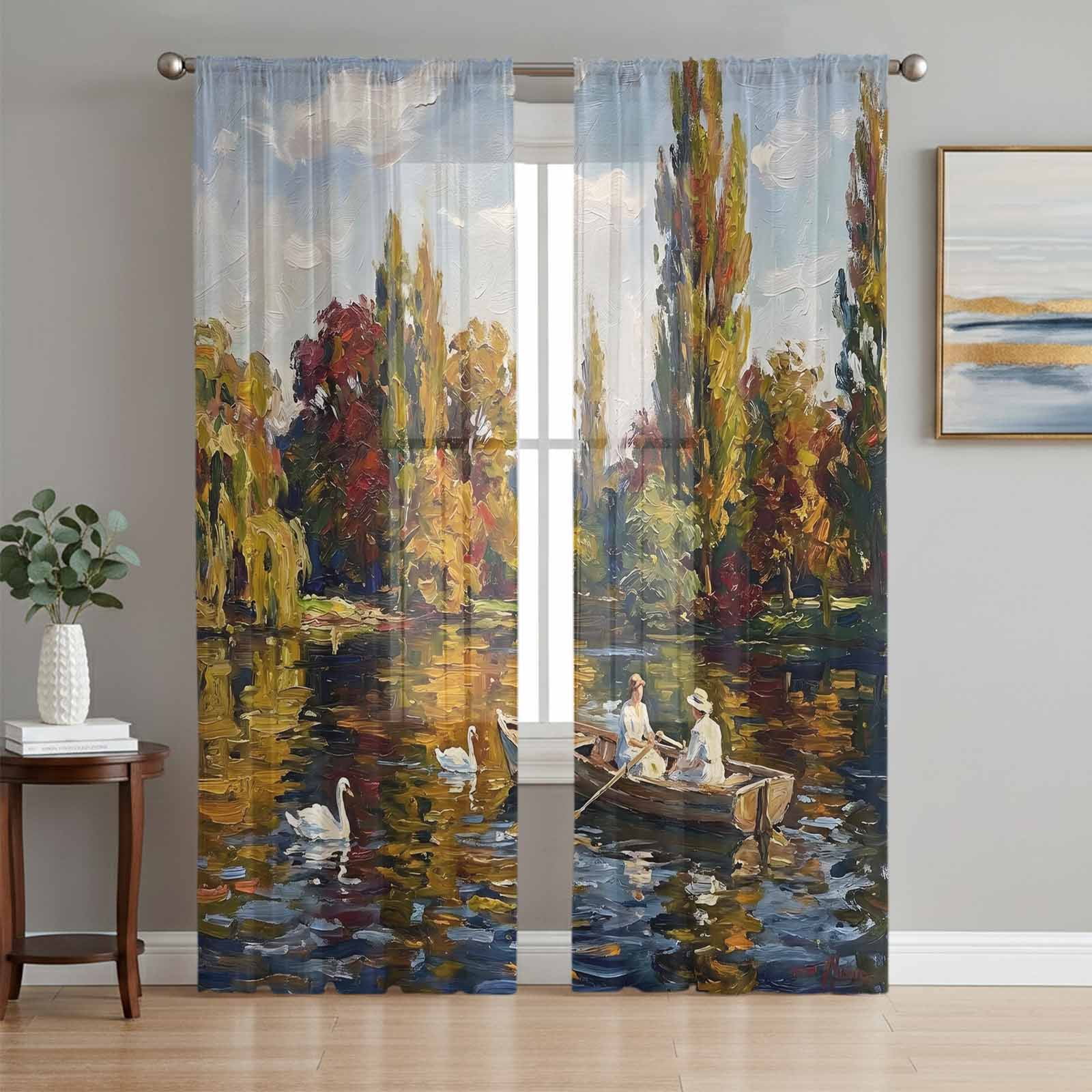 Green Trees Sheer Curtains for Living Room Bedroom Modern Oil Painting ...