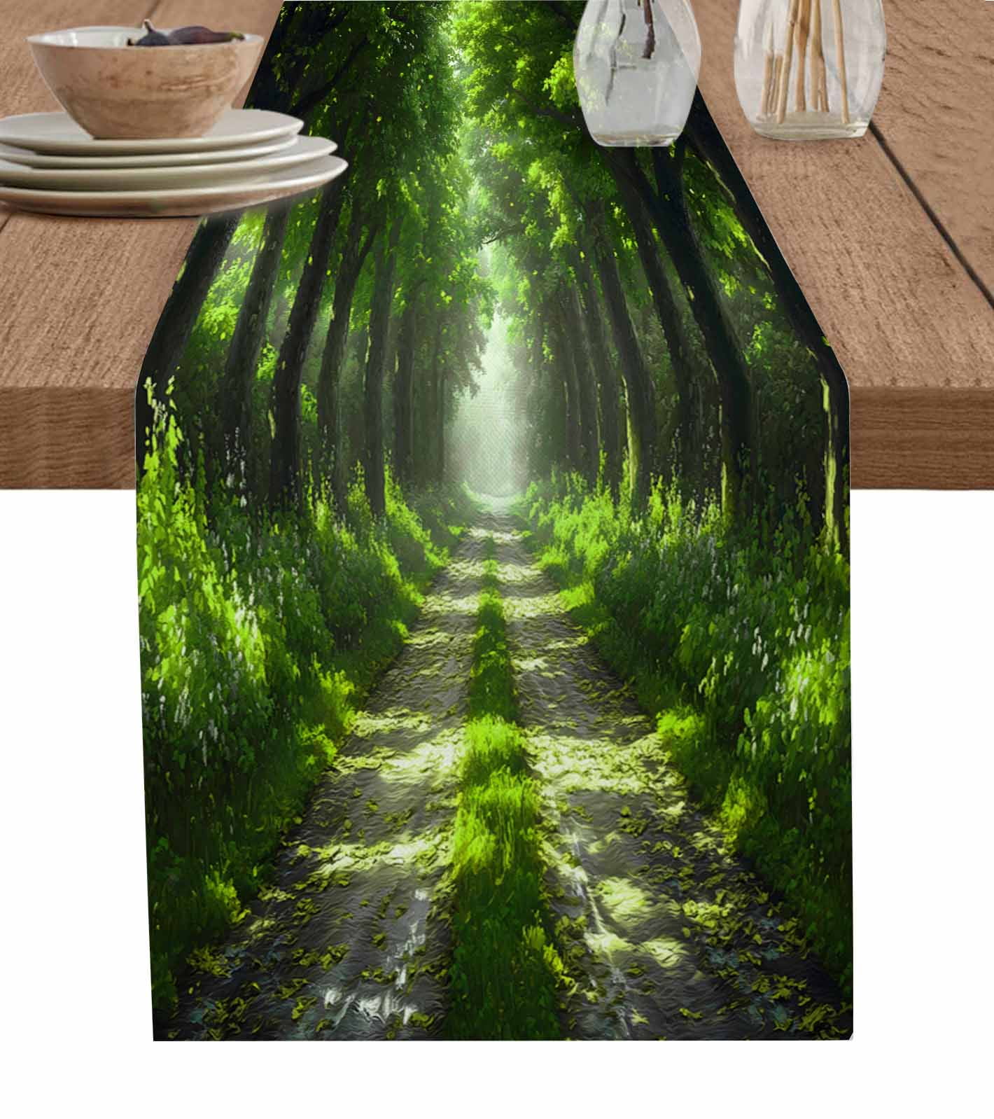 Green Trees Table Runner Cotton Linen 48 Inch Holiday Dresser Scarves ...