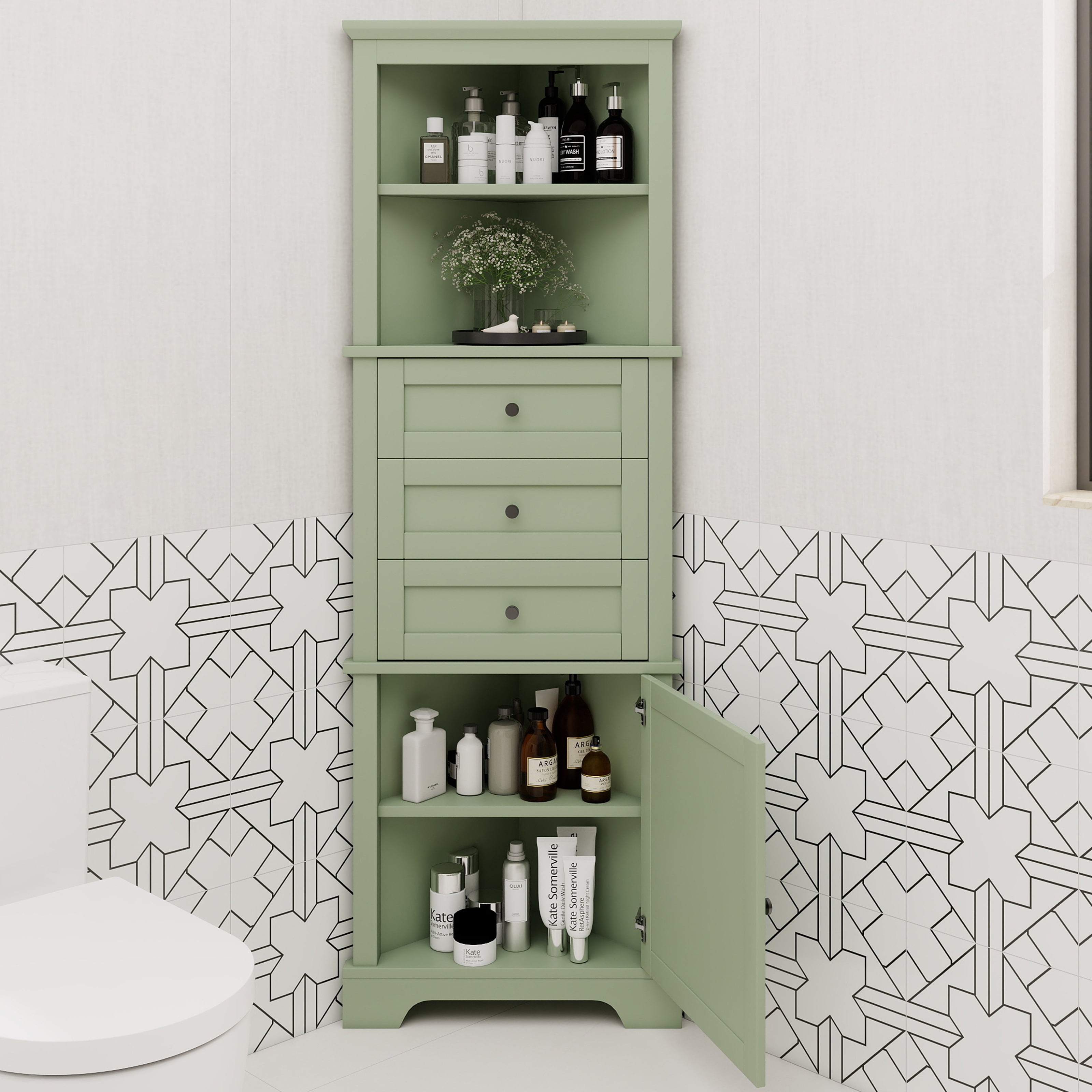 Green Triangle Tall Cabinet with 3 Drawers and Adjustable Shelves for ...