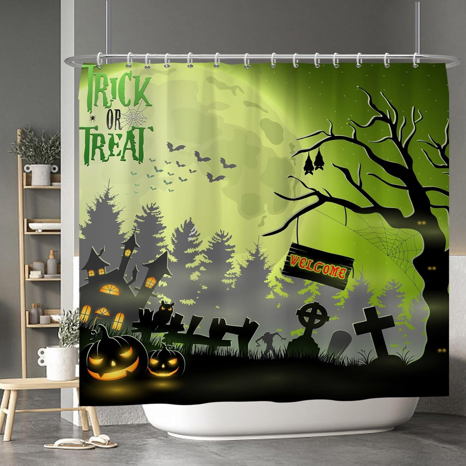 Green Trick or Treat Shower Curtain Evil Pumpkin Spooky Graveyard Dead ...
