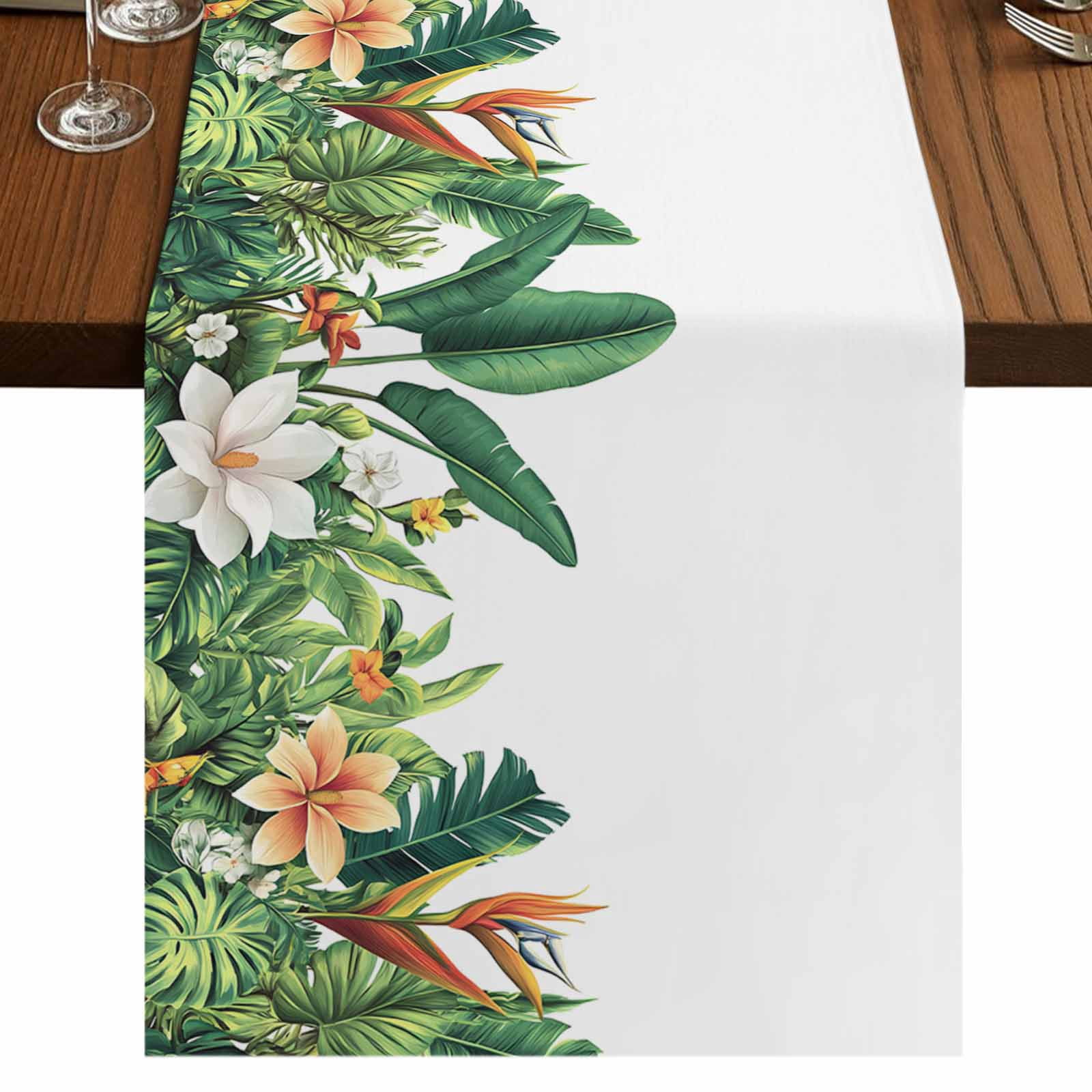 Green Tropical Botanical 36 Inch Table Runner, Summer Floral Leaves ...