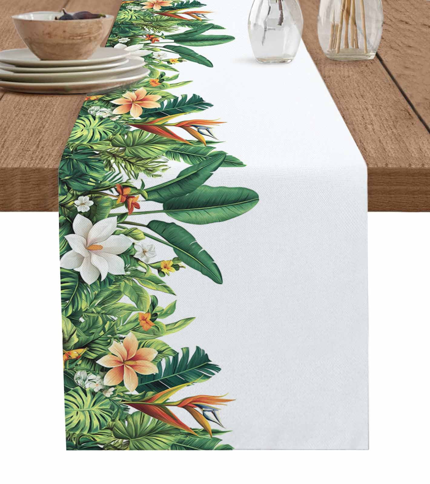 Green Tropical Botanical Table Runner 72 Inches, Summer Floral Leaves ...