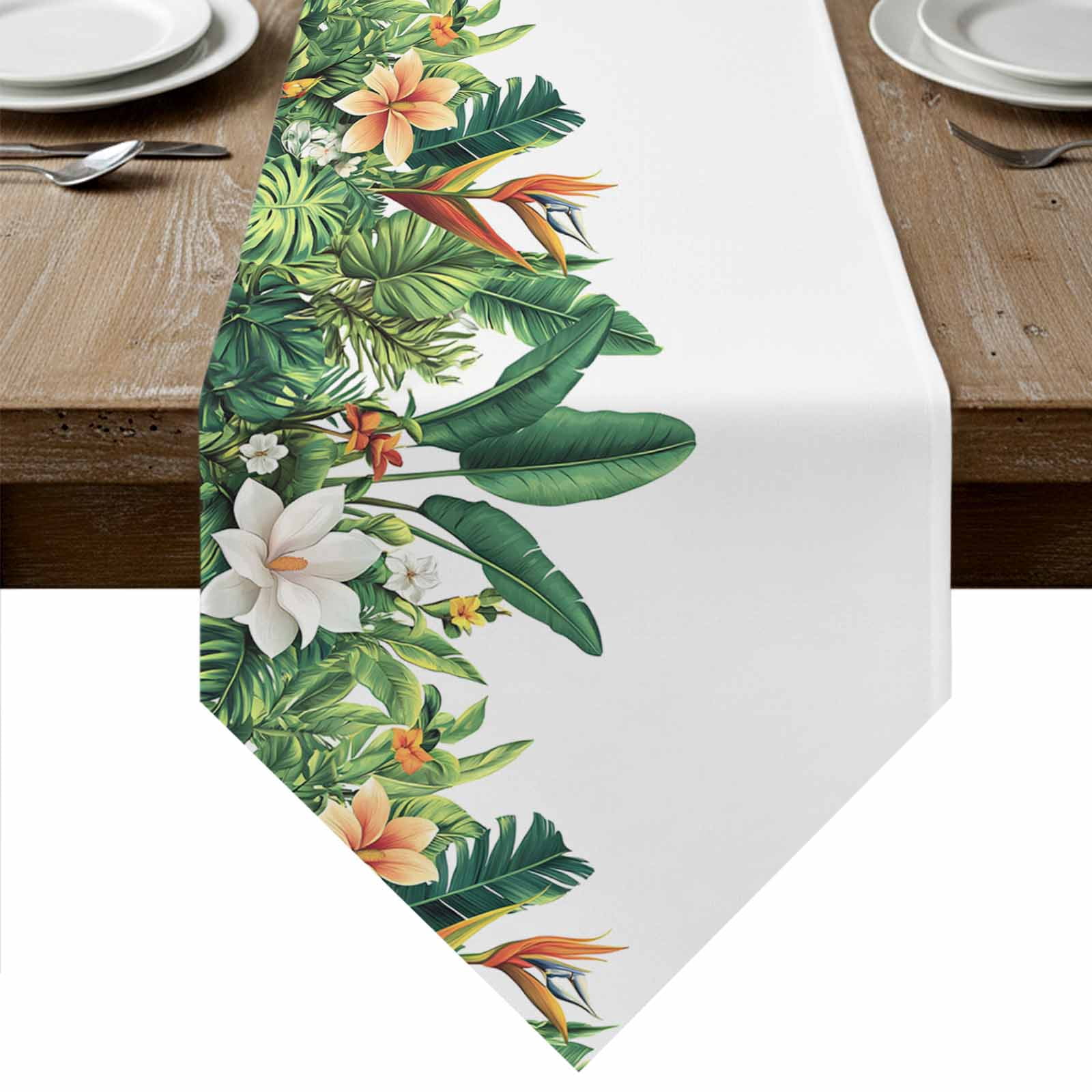 Green Tropical Botanical Table Runner Linen Burlap Table Runner 72 ...