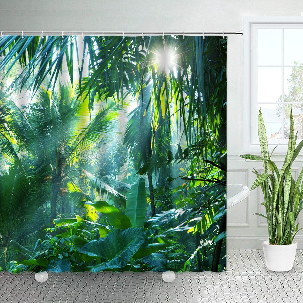 Green Tropical Jungle Plant Shower Curtains Set Palm Tree Forest ...