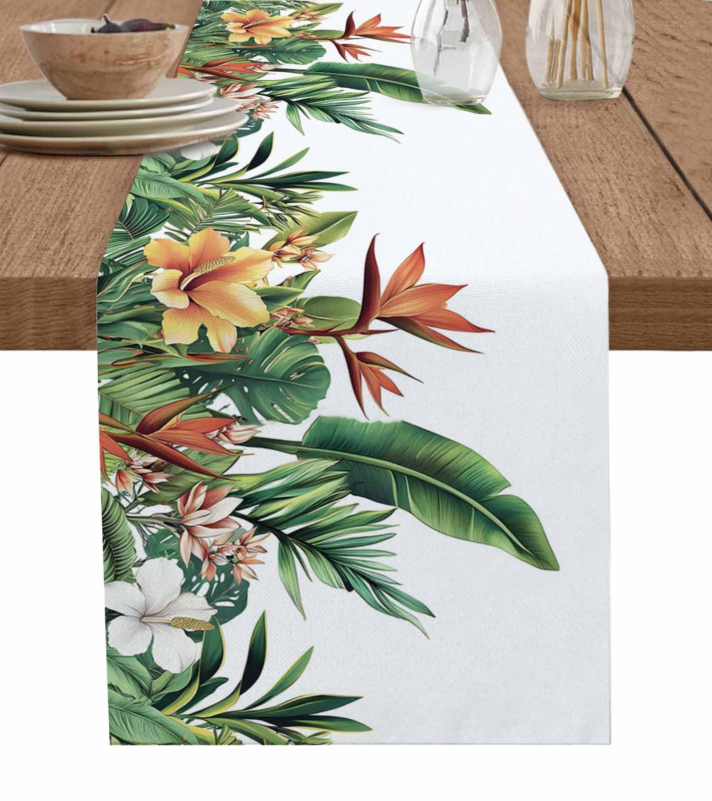 Green Tropical Leaves Burlap Cotton Table Runner 13x48 Inches Long ...