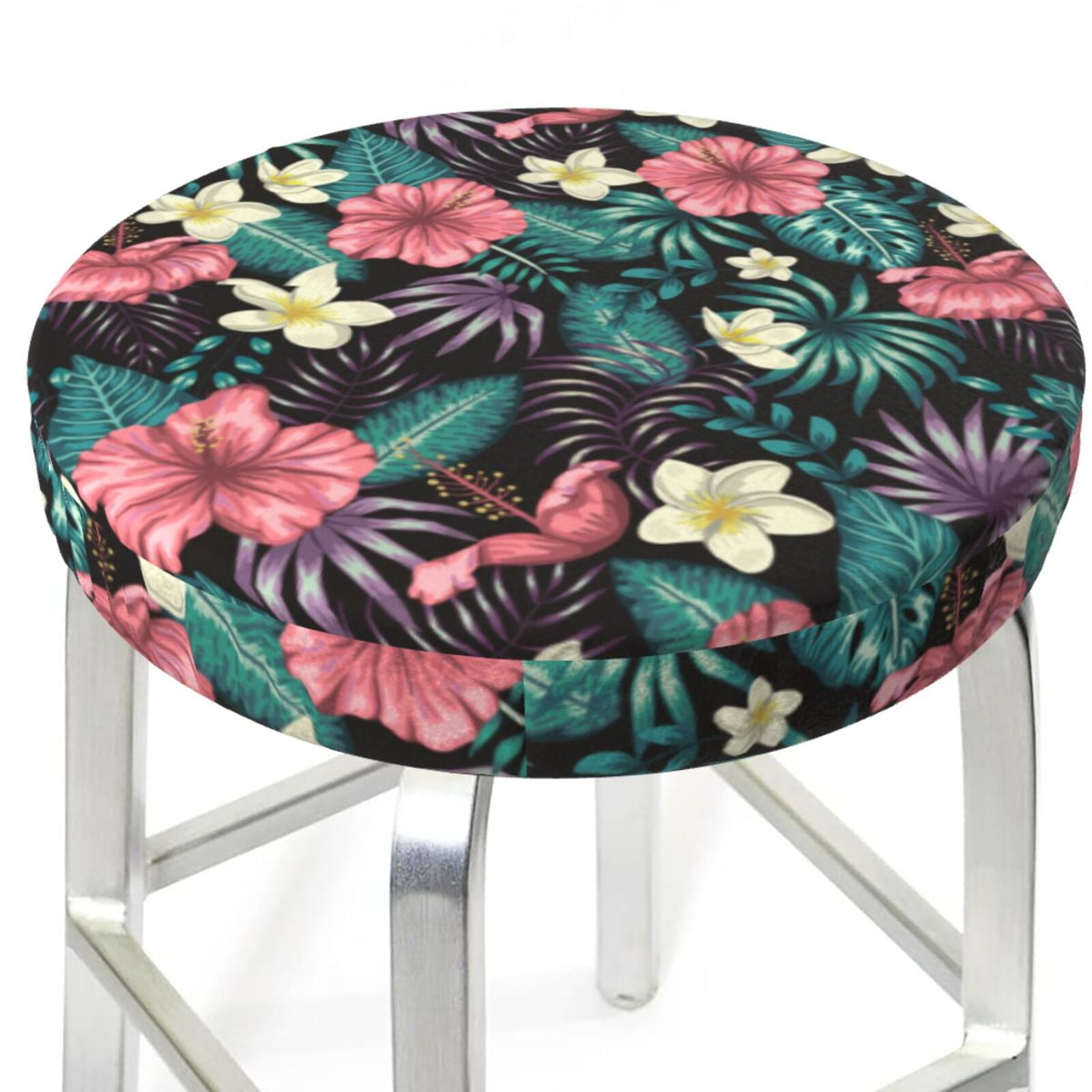 Green Tropical Leaves Round Bar Stool Covers, Soft Velvet Bar Stool ...