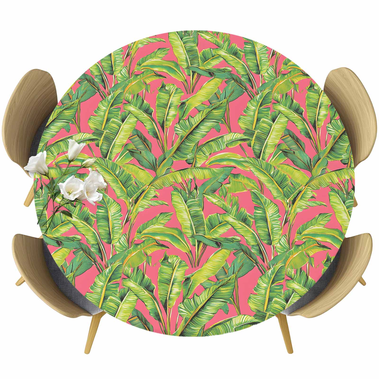 Green Tropical Leaves Round Tablecloth 36-44 Inch Round Fitted Table ...
