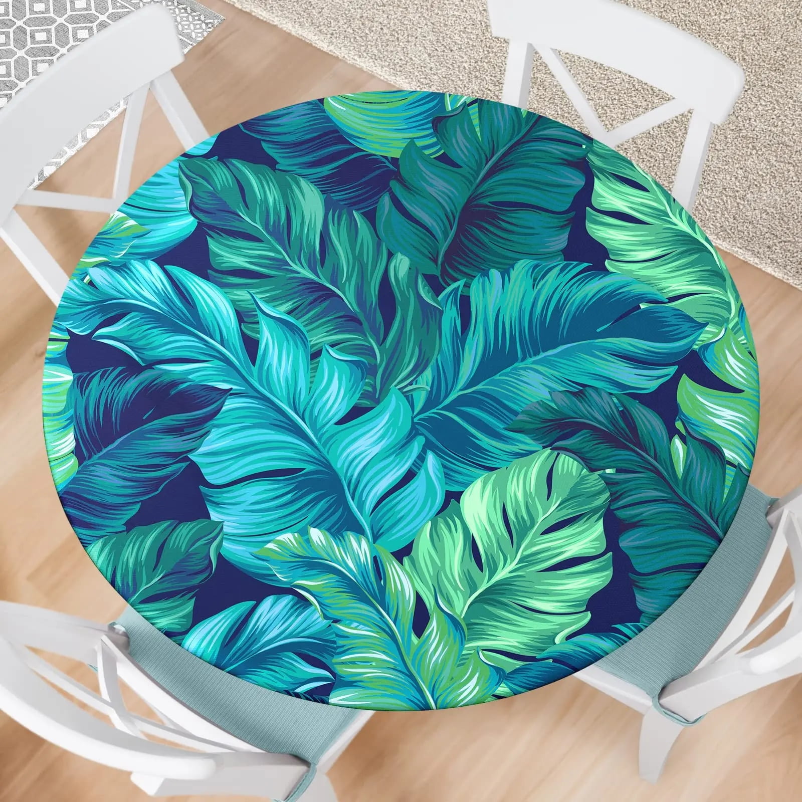 Green Tropical Leaves Round Tablecloth Fitted Elastic Palm Leaf ...