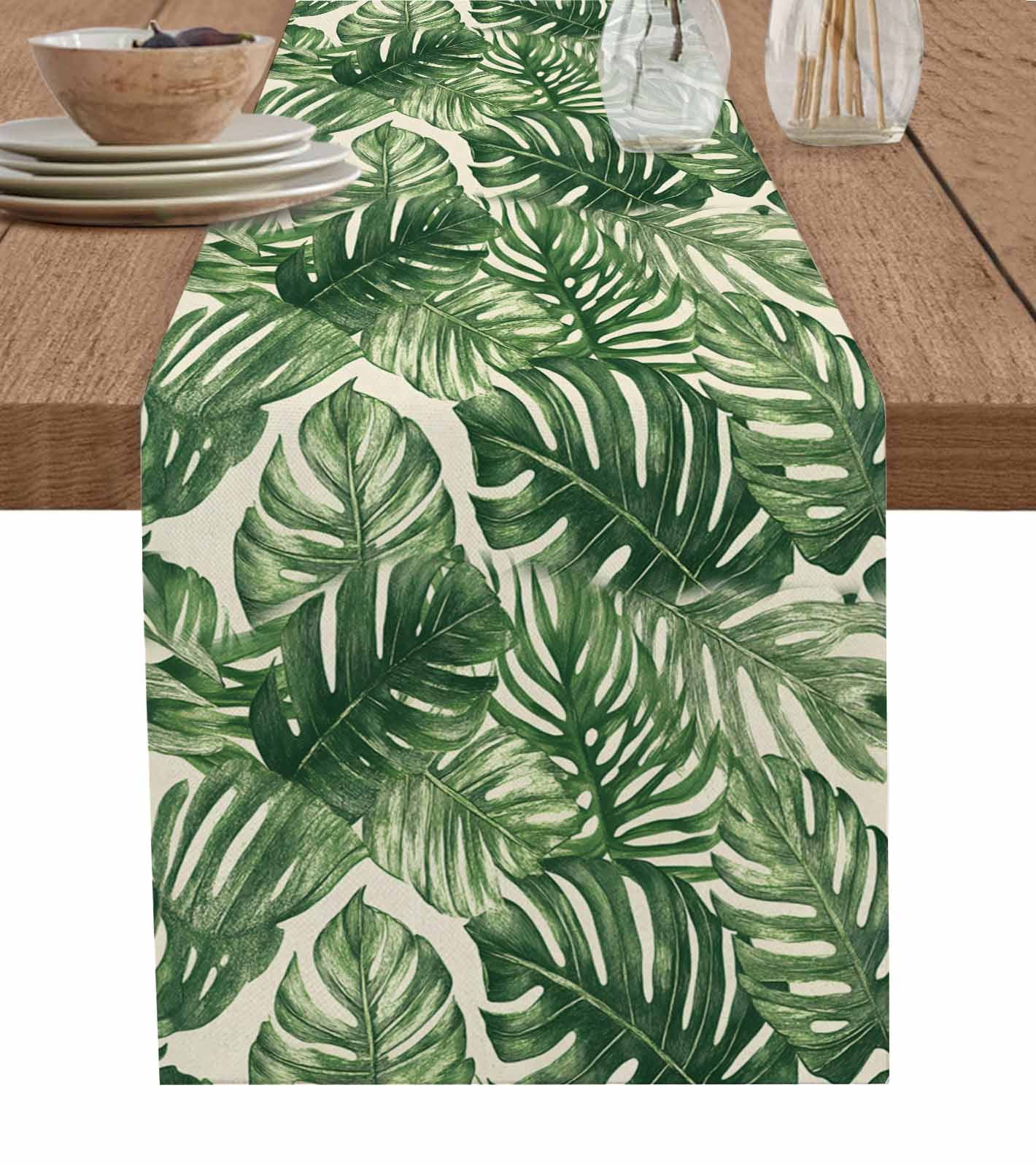 Green Tropical Leaves Table Runner 120 Inches, Farmhouse Summer Leaf ...
