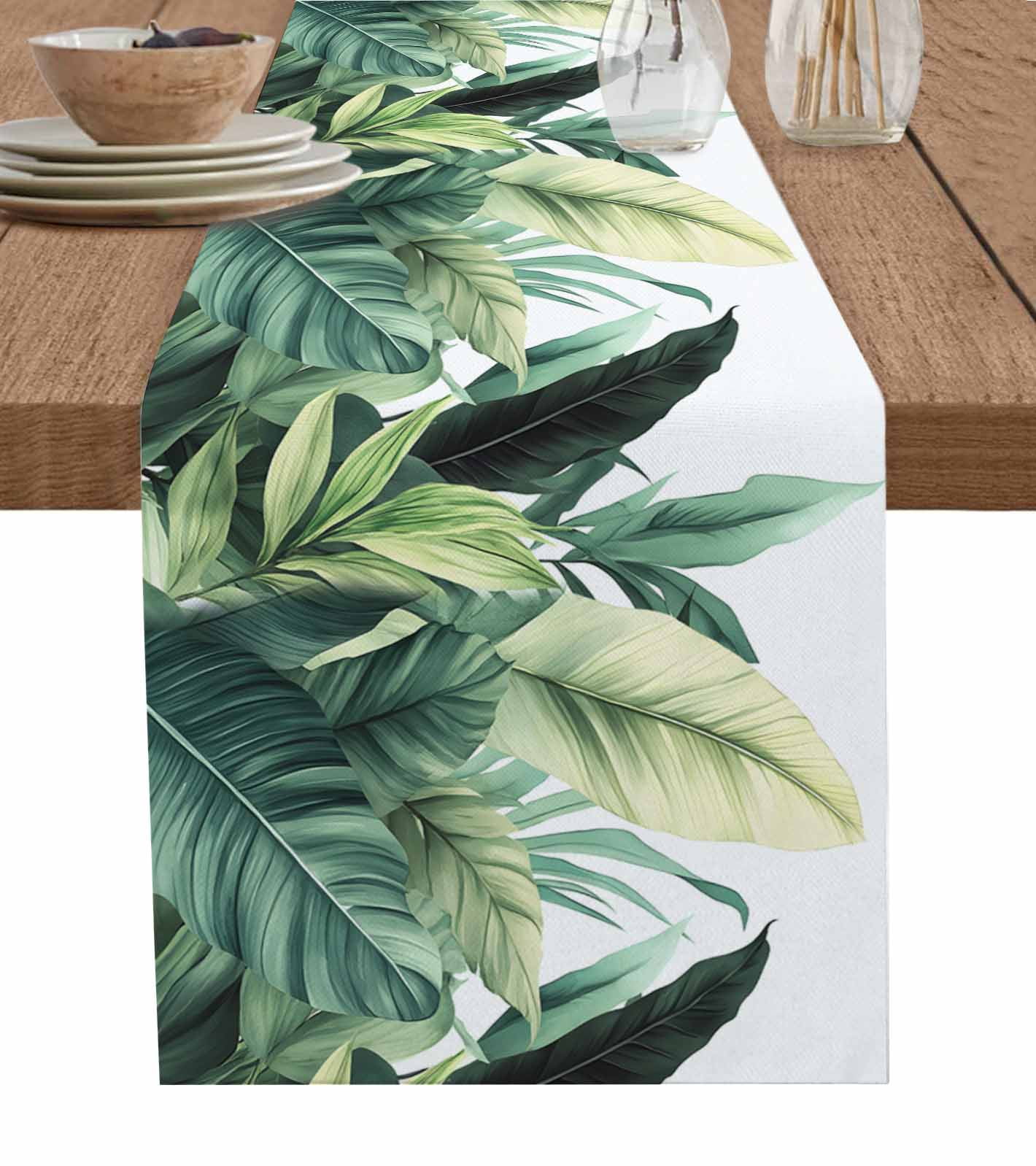 Green Tropical Leaves Table Runner 72 Inches, Country Summer Botanical ...