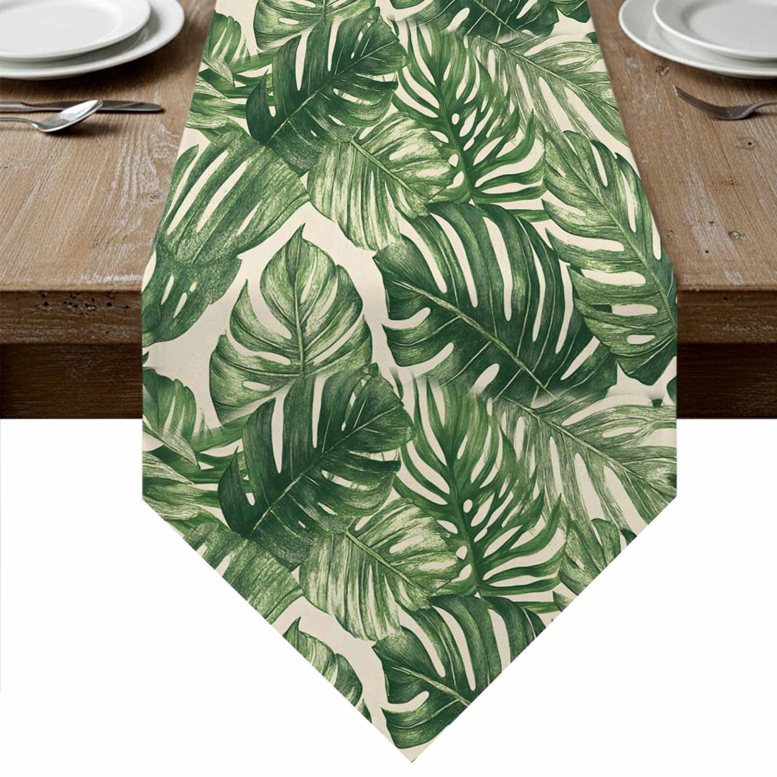 Green Tropical Leaves Table Runner Linen Burlap Table Runner 72 Inches ...