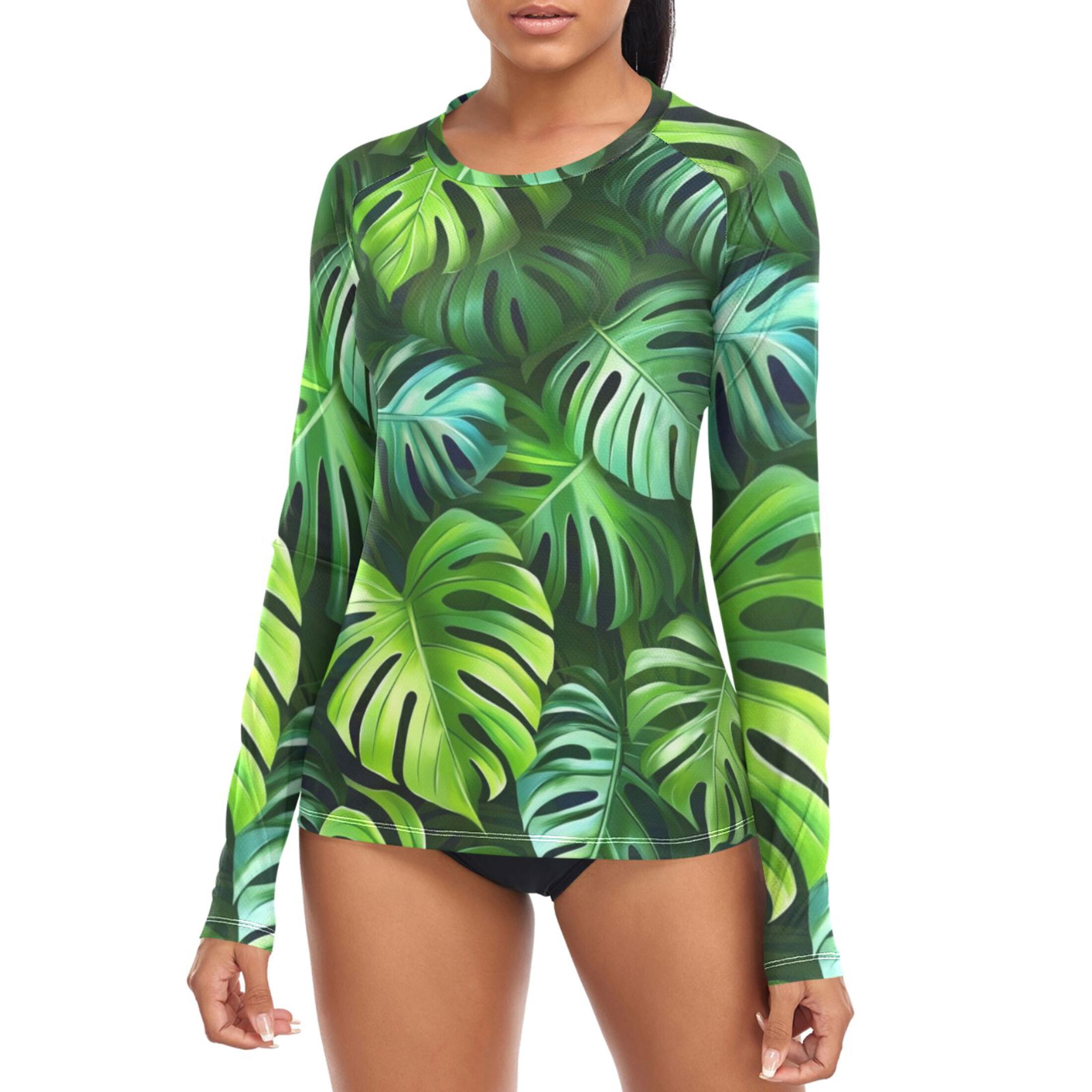 Green Tropical Leaves Women's Rash Guard Shirts UPF 50+ Sun Protection ...