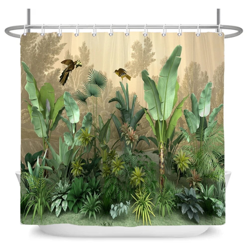 Green Tropical Palm Tree Shower Curtain Leaves Plant Fabric Bathroom ...