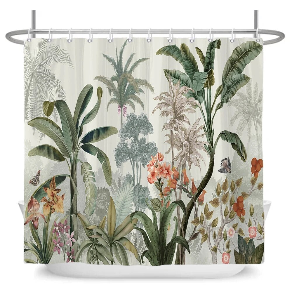Green Tropical Palm Tree Shower Curtain Leaves Plant Fabric Bathroom ...