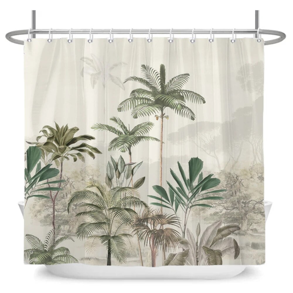 Green Tropical Palm Tree Shower Curtain Leaves Plant Fabric Bathroom ...