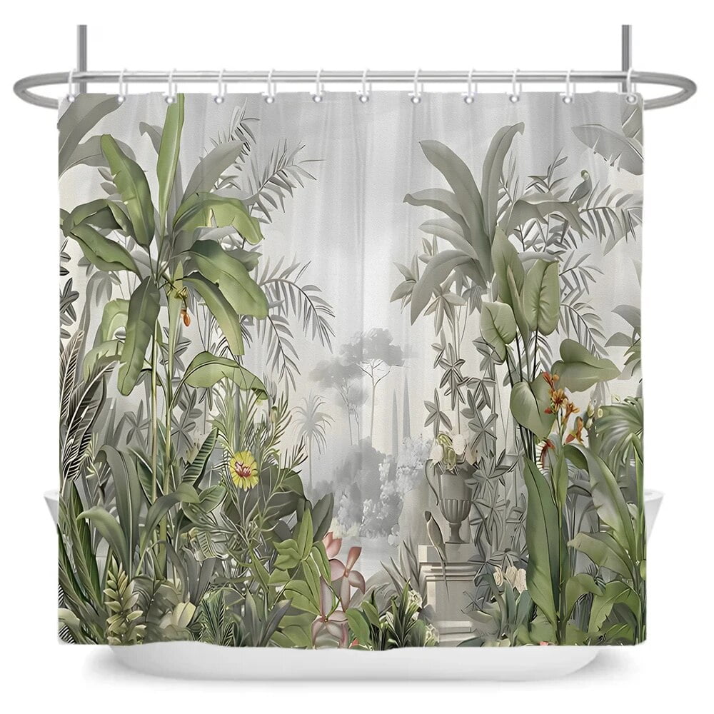 Green Tropical Palm Tree Shower Curtain Leaves Plant Fabric Bathroom ...