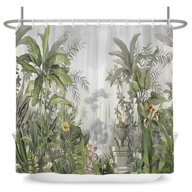 Green Tropical Palm Tree Shower Curtain Leaves Plant Fabric Bathroom ...