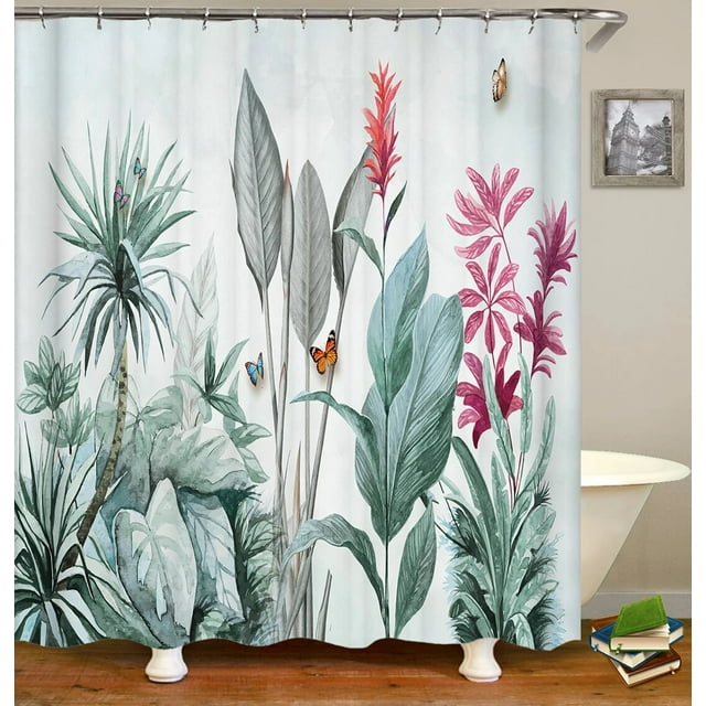 Green Tropical Palm Tree Shower Curtain Leaves Plant Fabric Bathroom ...