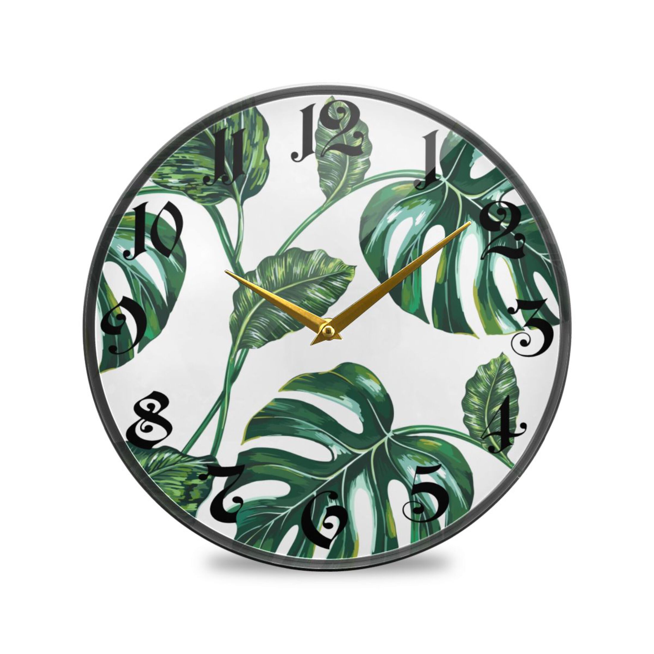 Green Tropical Palm Trees Acrylic Wall Clocks Quiet Round Clock Battery ...