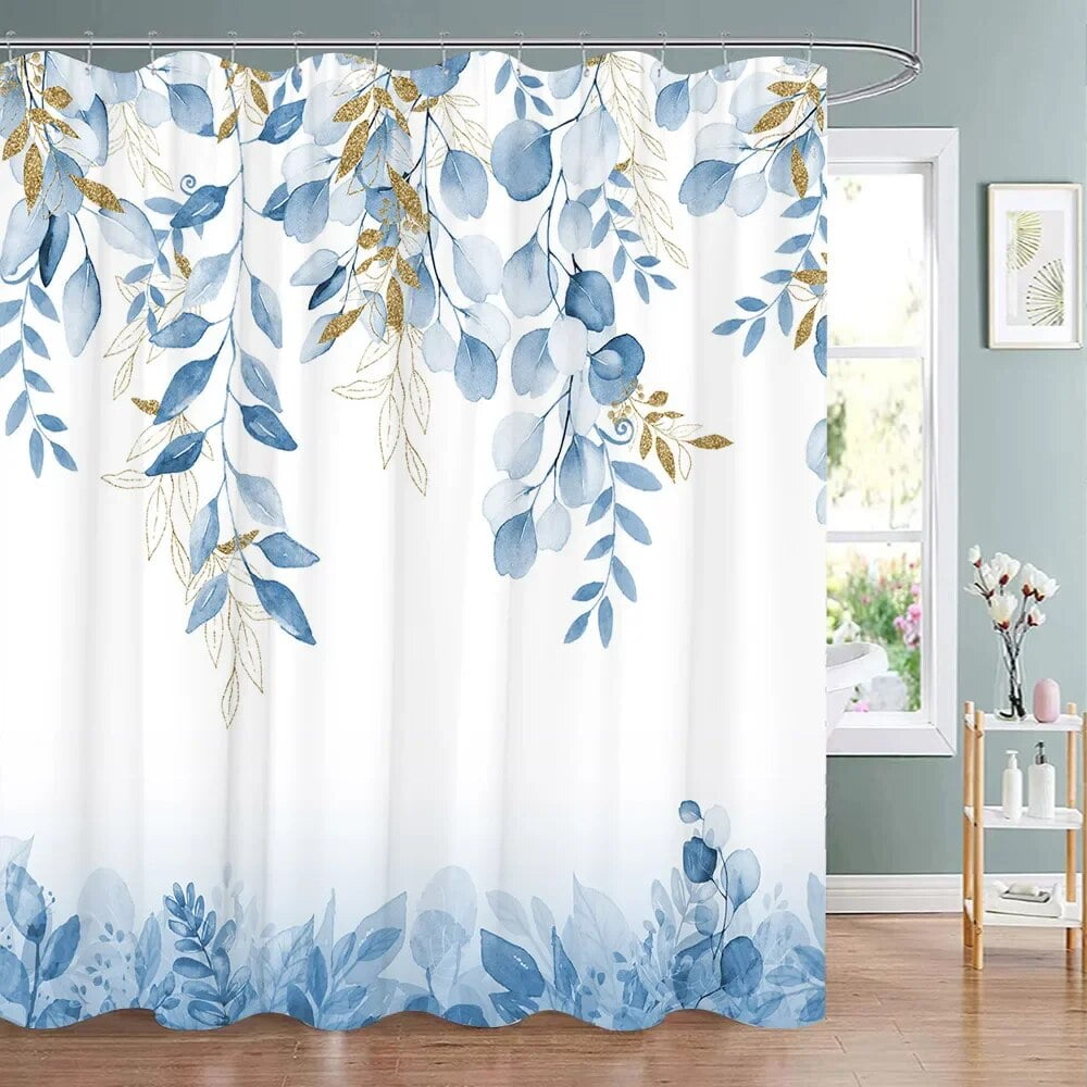 Green Tropical Plant Leaves Shower Curtain Eucalyptus Leaves Gold