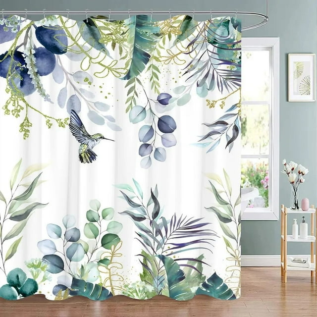 Green Tropical Plant Leaves Shower Curtain Eucalyptus Leaves Gold
