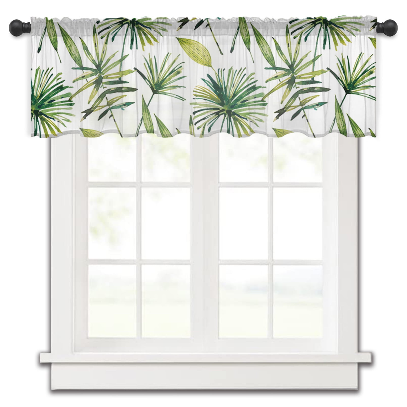 Green Tropical Plant Palm Leaves Rod Pocket Short Curtain Half-Curtain ...