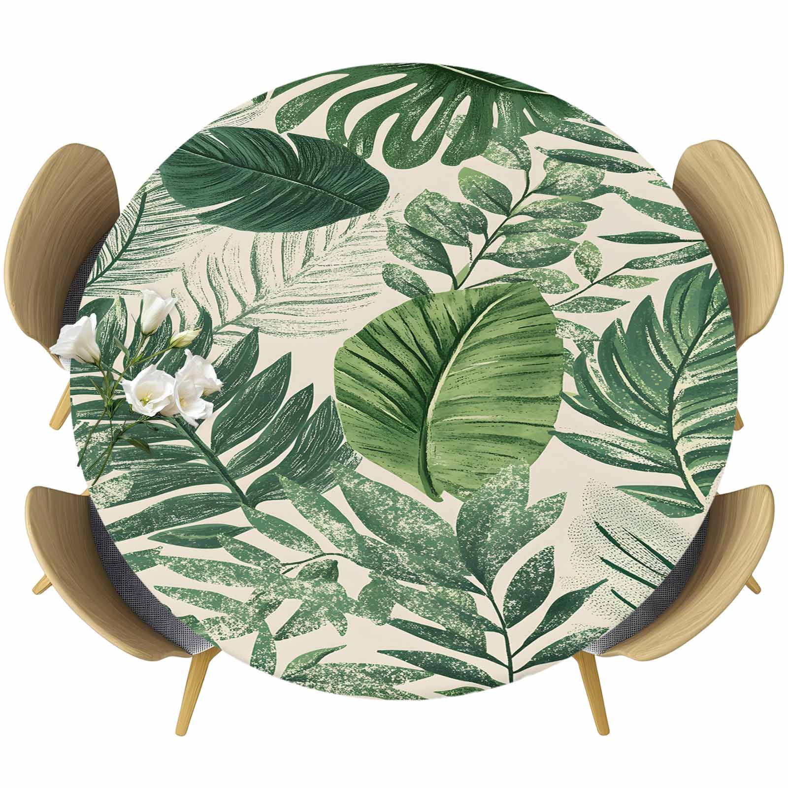 Green Tropical Plant Round Fitted Tablecloth with Elastic Edge ...